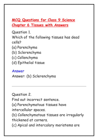 Mcq's of class 9 chapter Tissues | DOCX