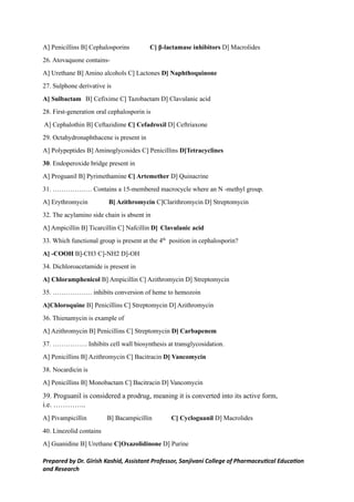 MCQs on Antibiotics and Antimalarial agents | PDF