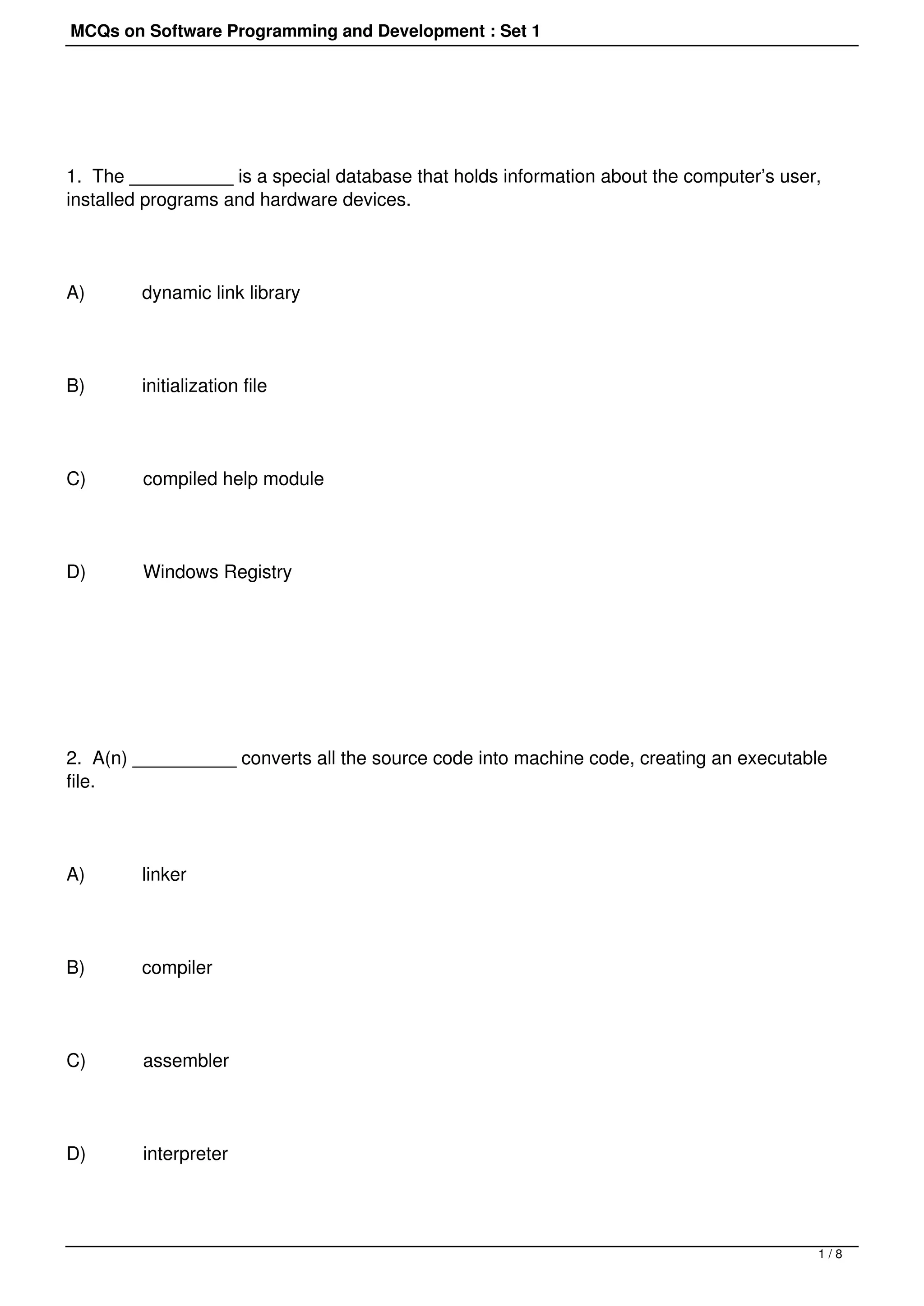 Mcqs on-software-programming-and-development--set-1 | PDF