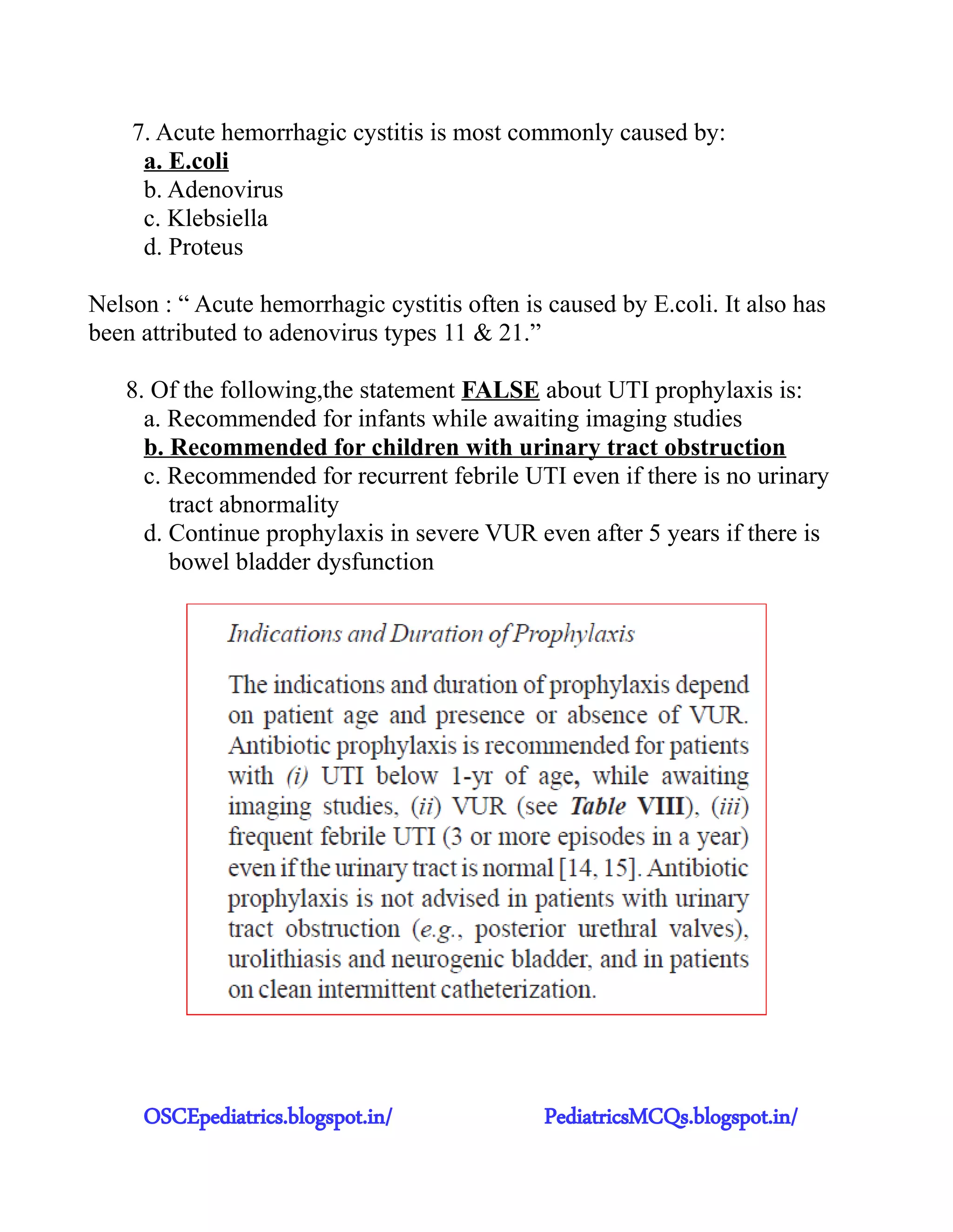 MCQs - Urinary Tract Infection in Children | PDF