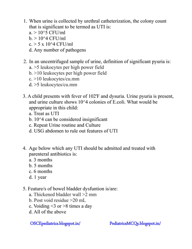MCQs - Urinary Tract Infection in Children | PDF | Digestive Disorders ...