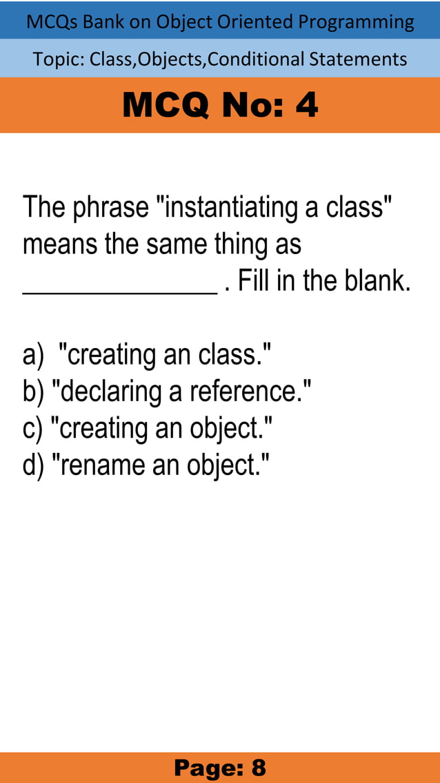 Multiple Choice Questions on JAVA (object oriented programming) bank 3 -- class,objects ...