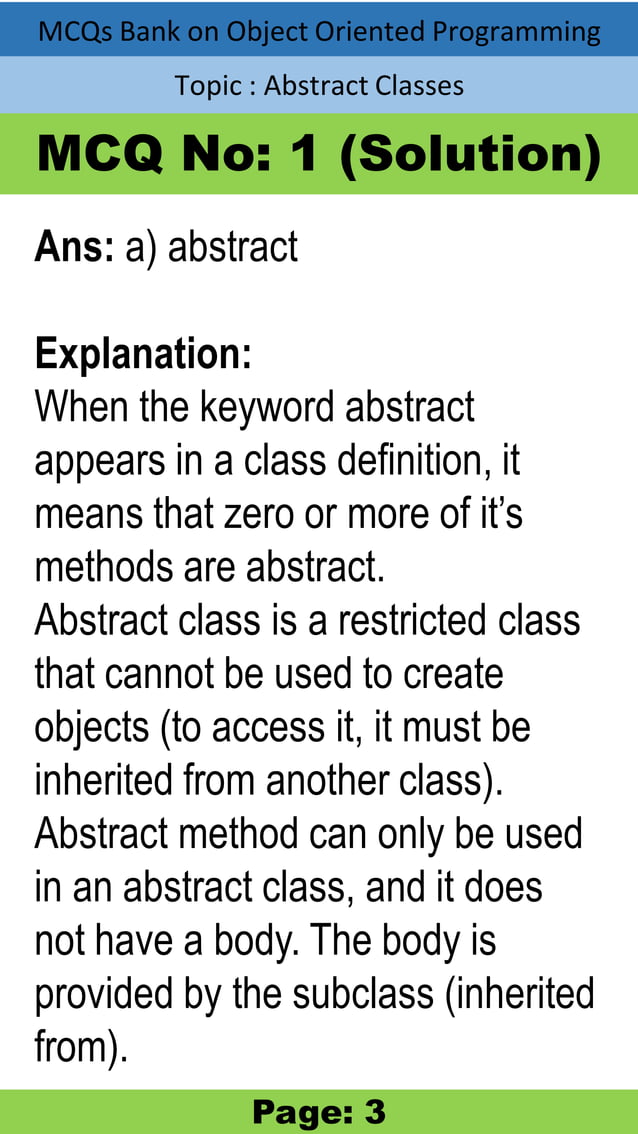Multiple Choice Questions on JAVA (object oriented programming) bank 7 -- abstract classes | PDF