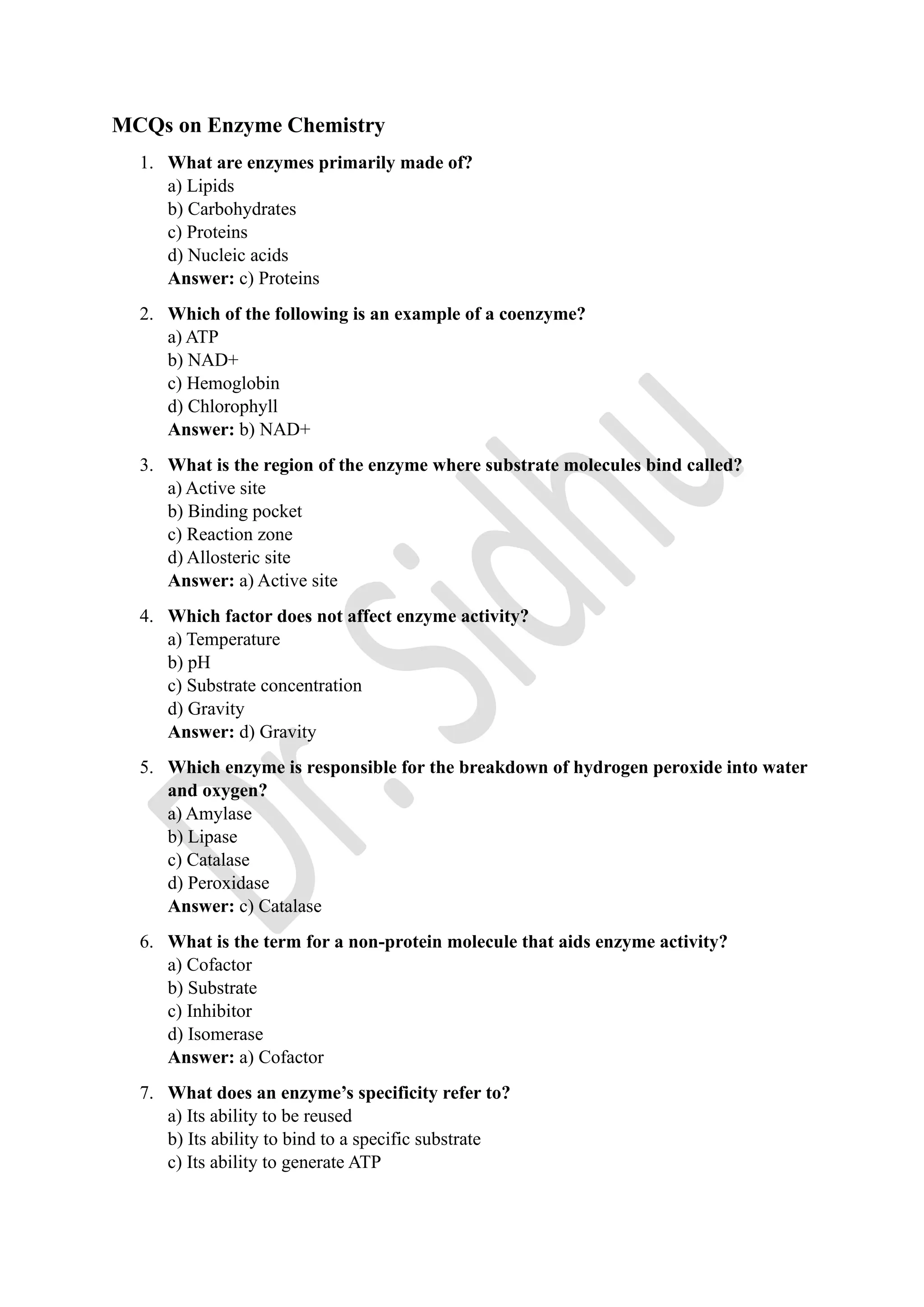 MCQs on Enzyme Chemistry.(Dr. Sidhu)2024 | PDF