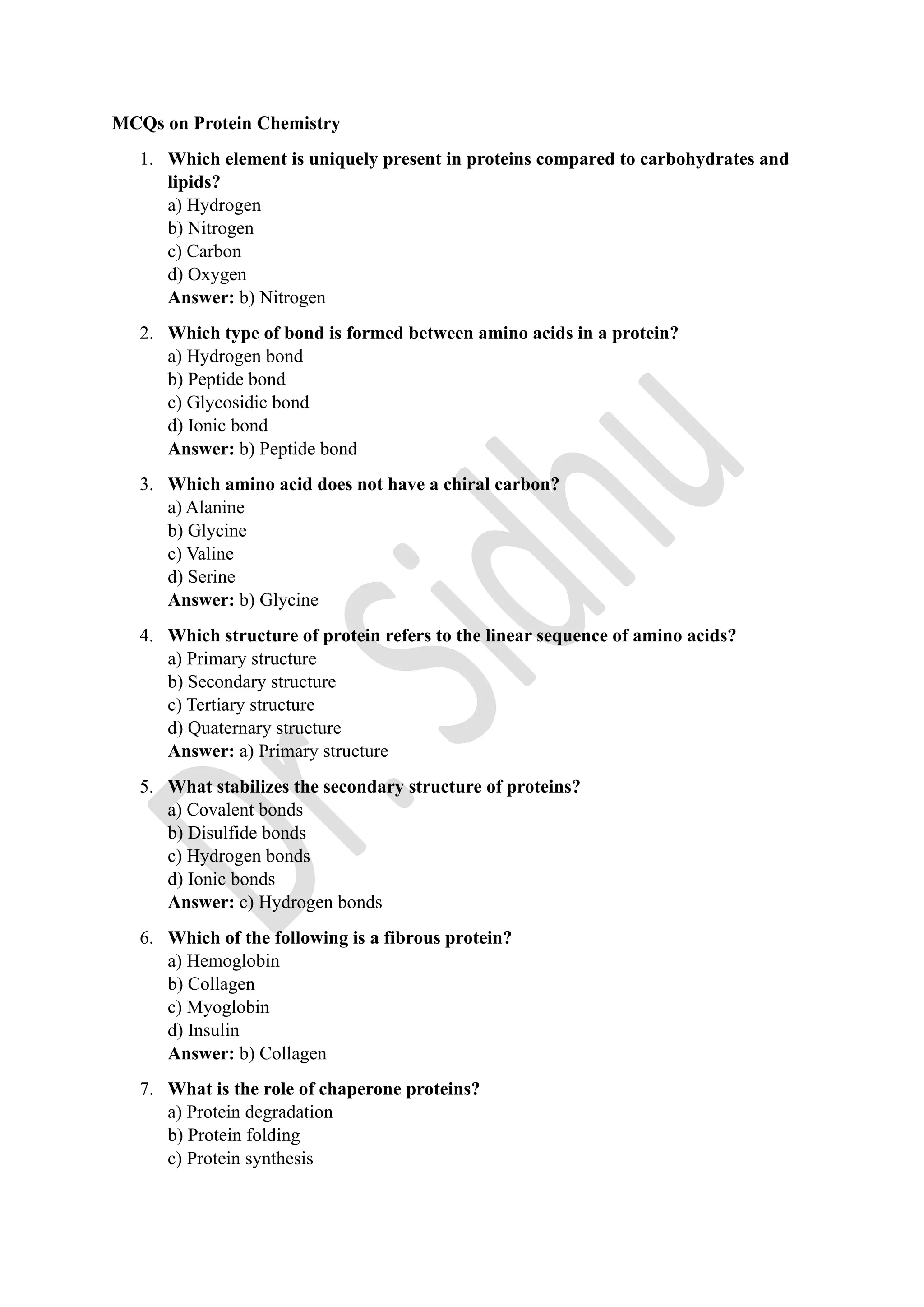 MCQs on Protein Chemistry. (Biochemistry) | PDF