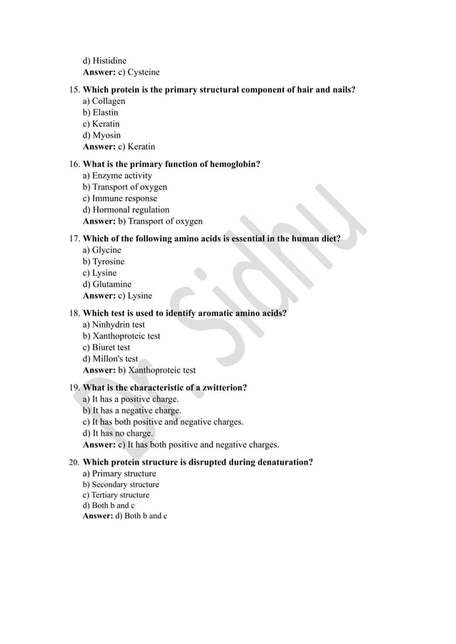 MCQs on Protein Chemistry. (Biochemistry) | PDF