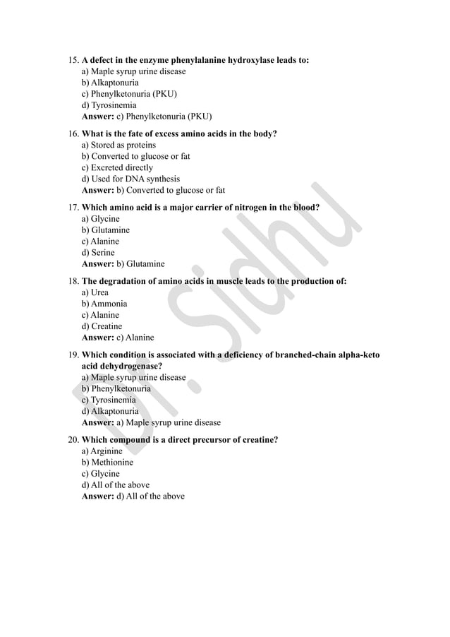 MCQs on Protein Metabolism. (Biochemistry) | PDF