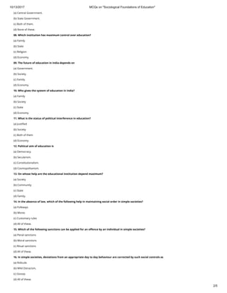 MCQs on “sociological foundations of education” DSSSB PRT | PDF