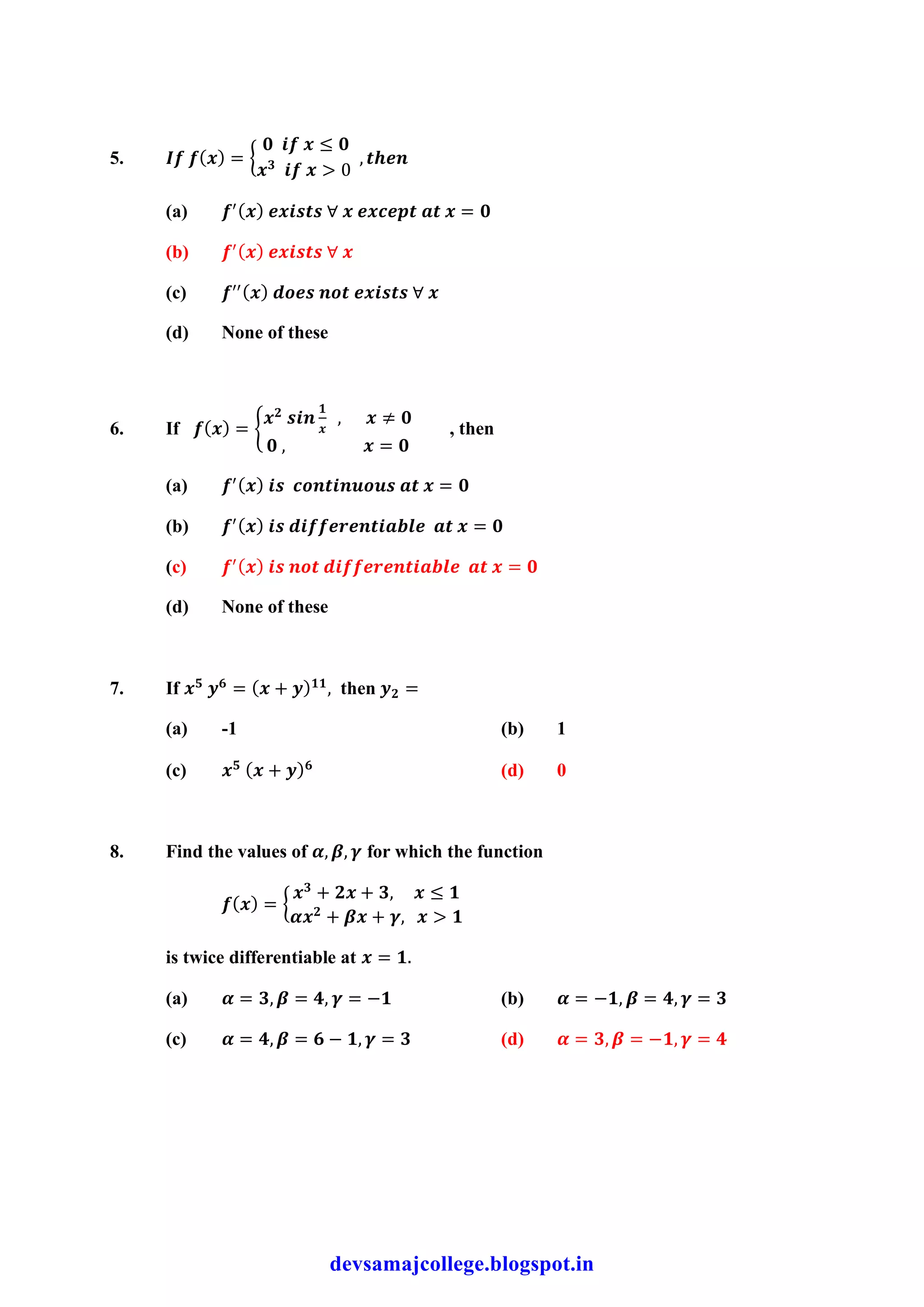 Multiple Choice Questions Successive Differentiation Calculus Pdf