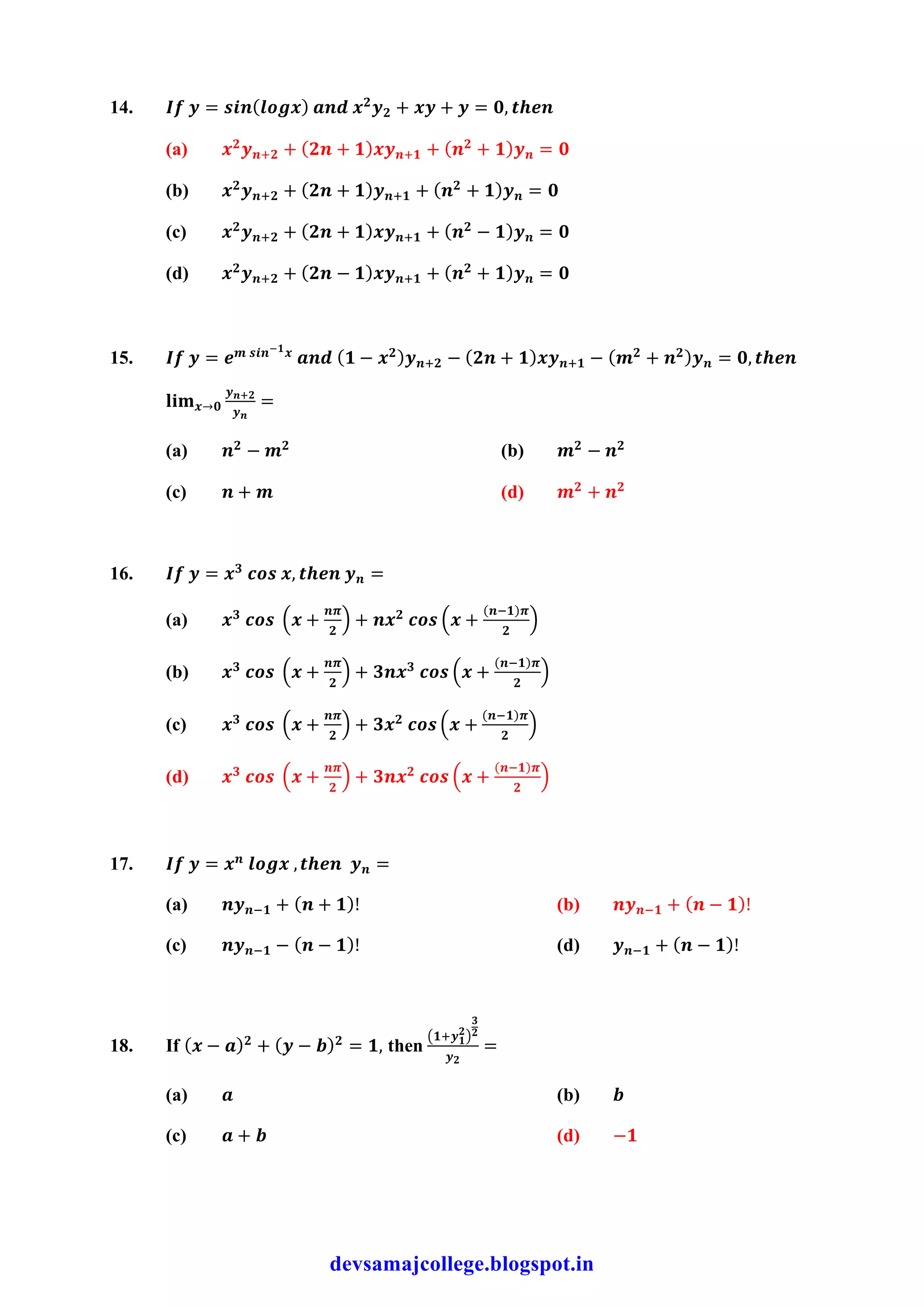 Multiple Choice Questions_Successive Differentiation (CALCULUS) | PDF