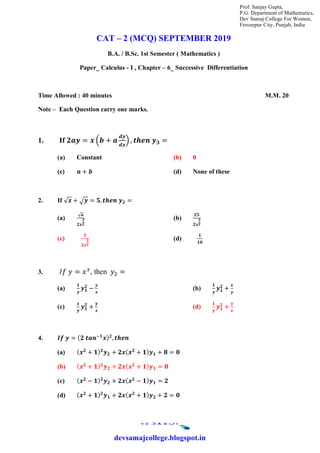 Multiple Choice Questions_Successive Differentiation (CALCULUS) | PDF