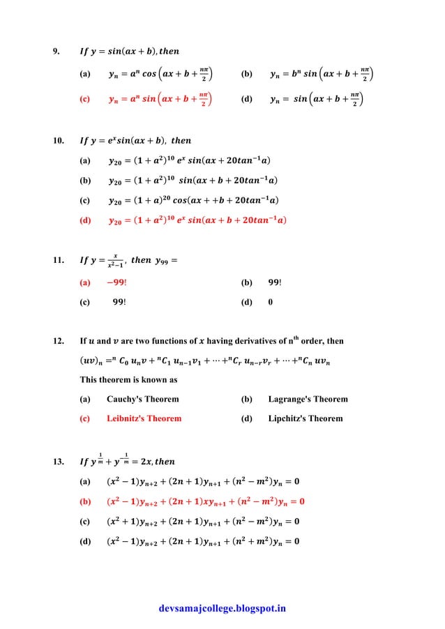 Multiple Choice Questions_Successive Differentiation (CALCULUS) | PDF