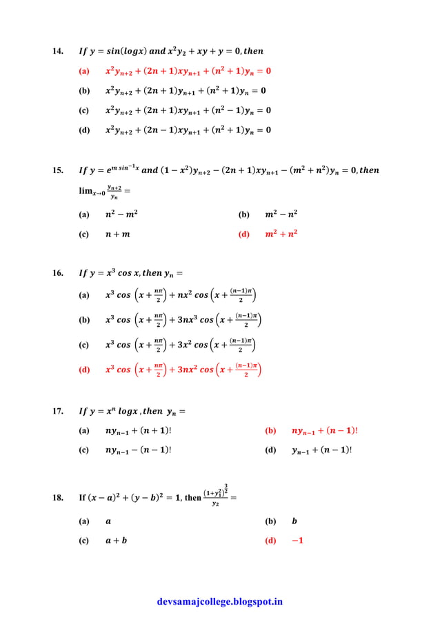 Multiple Choice Questions_Successive Differentiation (CALCULUS) | PDF
