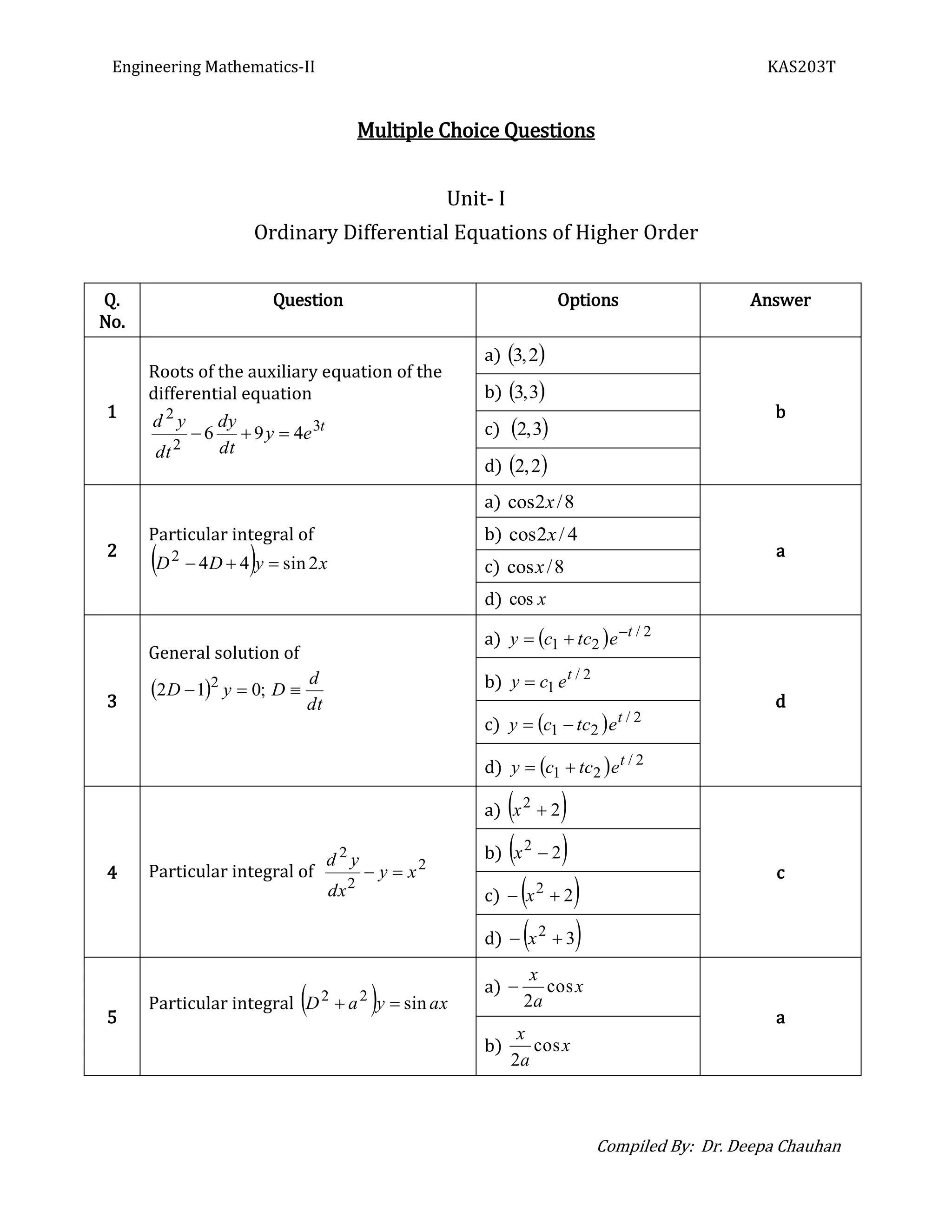 Mcqs Ordinary Differential Equations Pdf