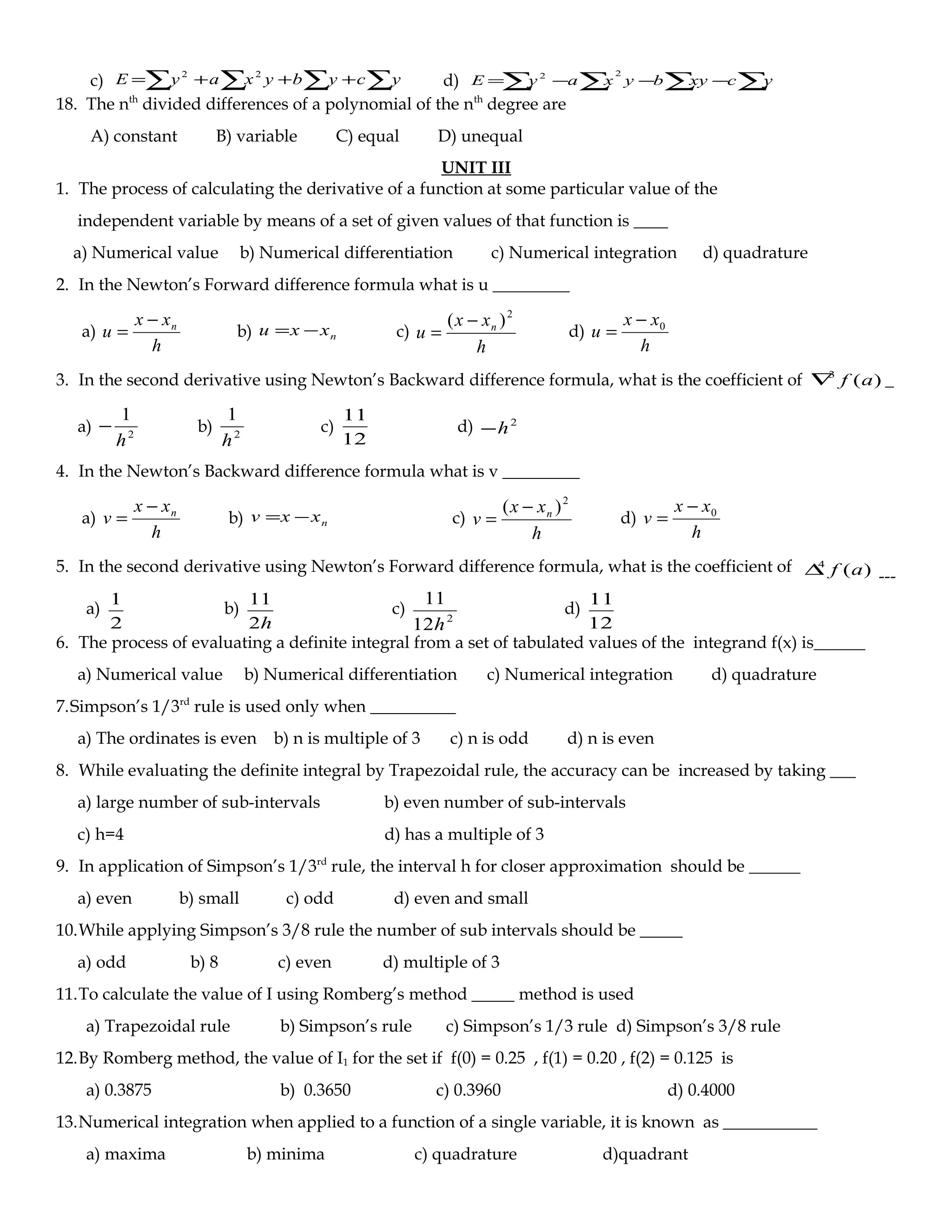 NUMERICAL METHODS MULTIPLE CHOICE QUESTIONS | DOC