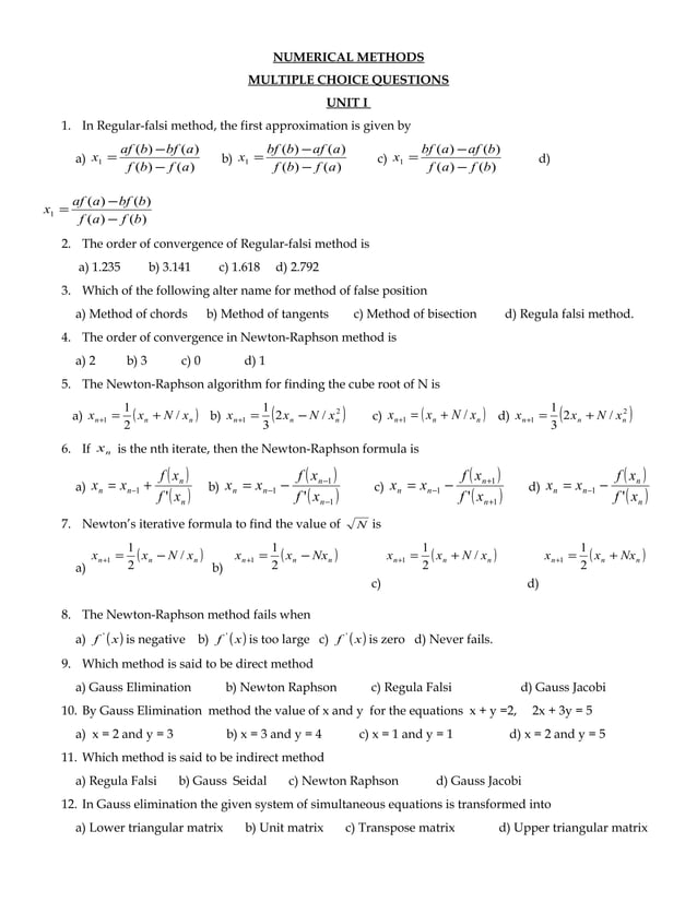 NUMERICAL METHODS MULTIPLE CHOICE QUESTIONS | DOC | Physics | Science