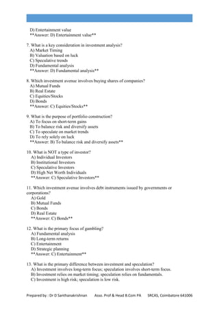 Investment Management Unit 1 Multiple choice Questions | DOCX