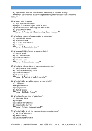 Investment Management Unit 1 Multiple choice Questions | DOCX