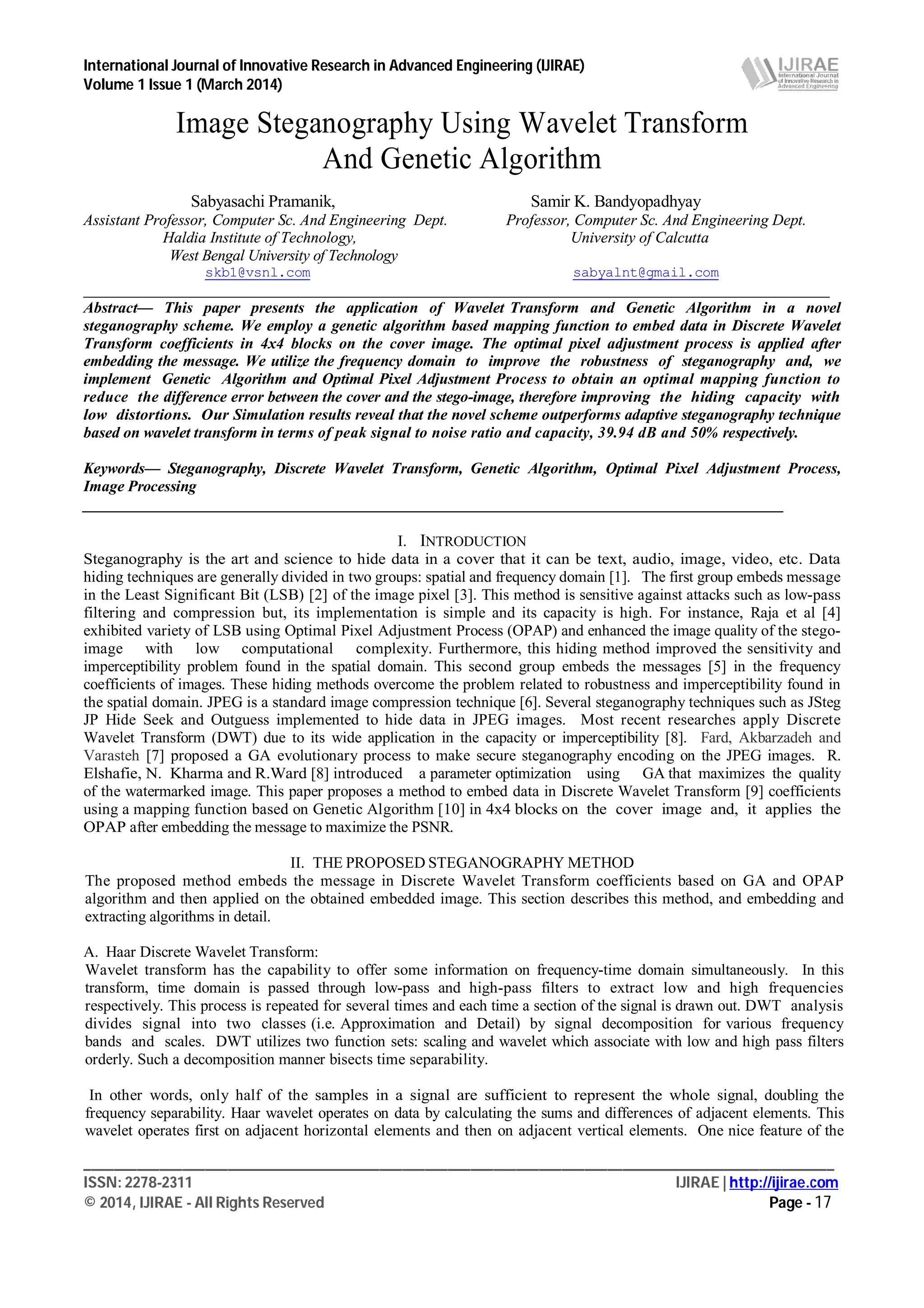 Image Steganography Using Wavelet Transform And Genetic Algorithm Pdf 