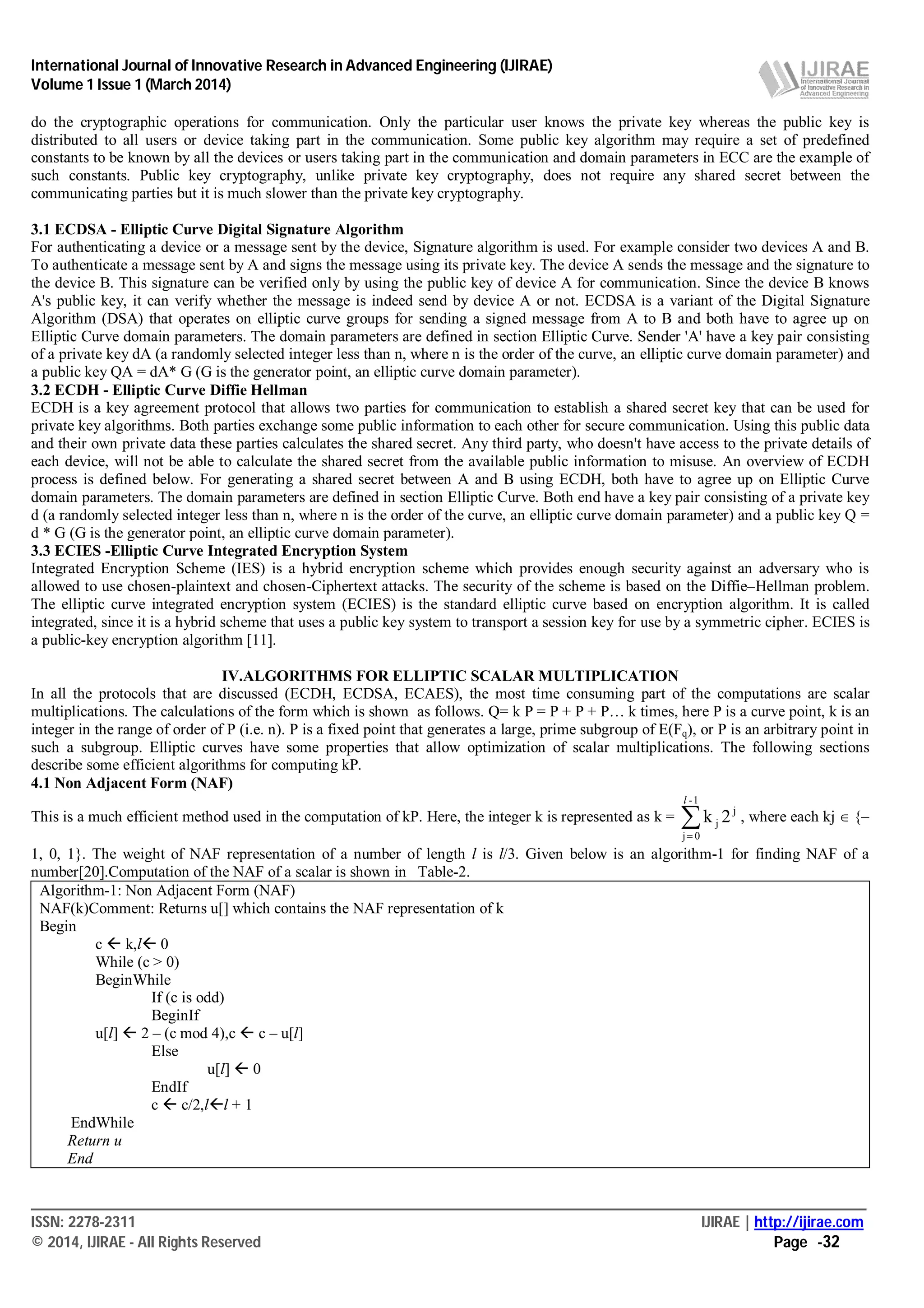 Survey Elliptic Curve Cryptography Using Scalar Multiplication Algorithms Pdf