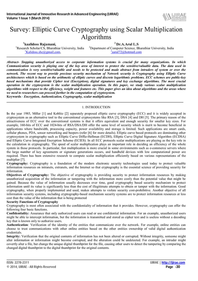 Survey Elliptic Curve Cryptography Using Scalar Multiplication Algorithms Pdf