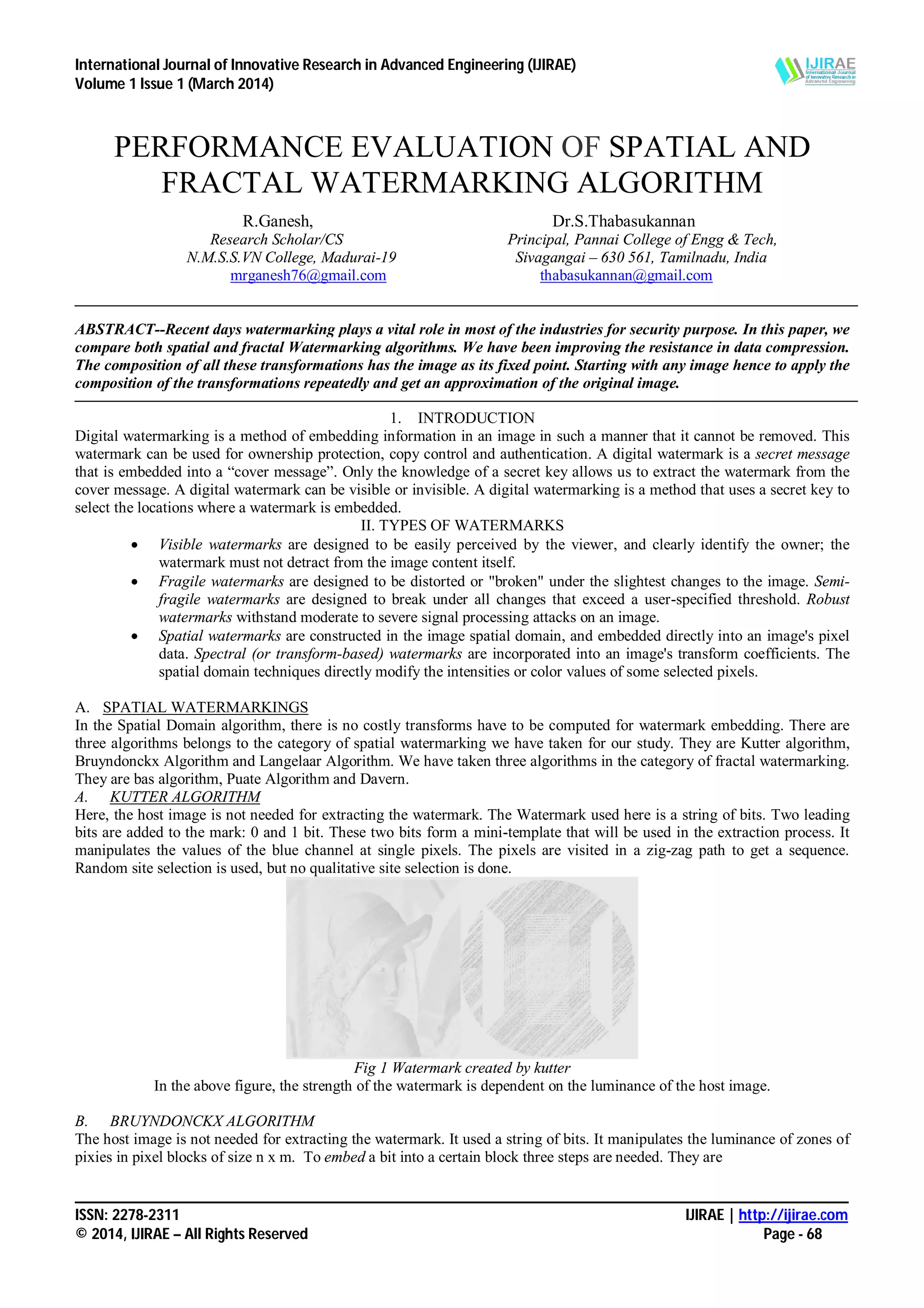 PERFORMANCE EVALUATION OF SPATIAL AND FRACTAL WATERMARKING ALGORITHM | PDF