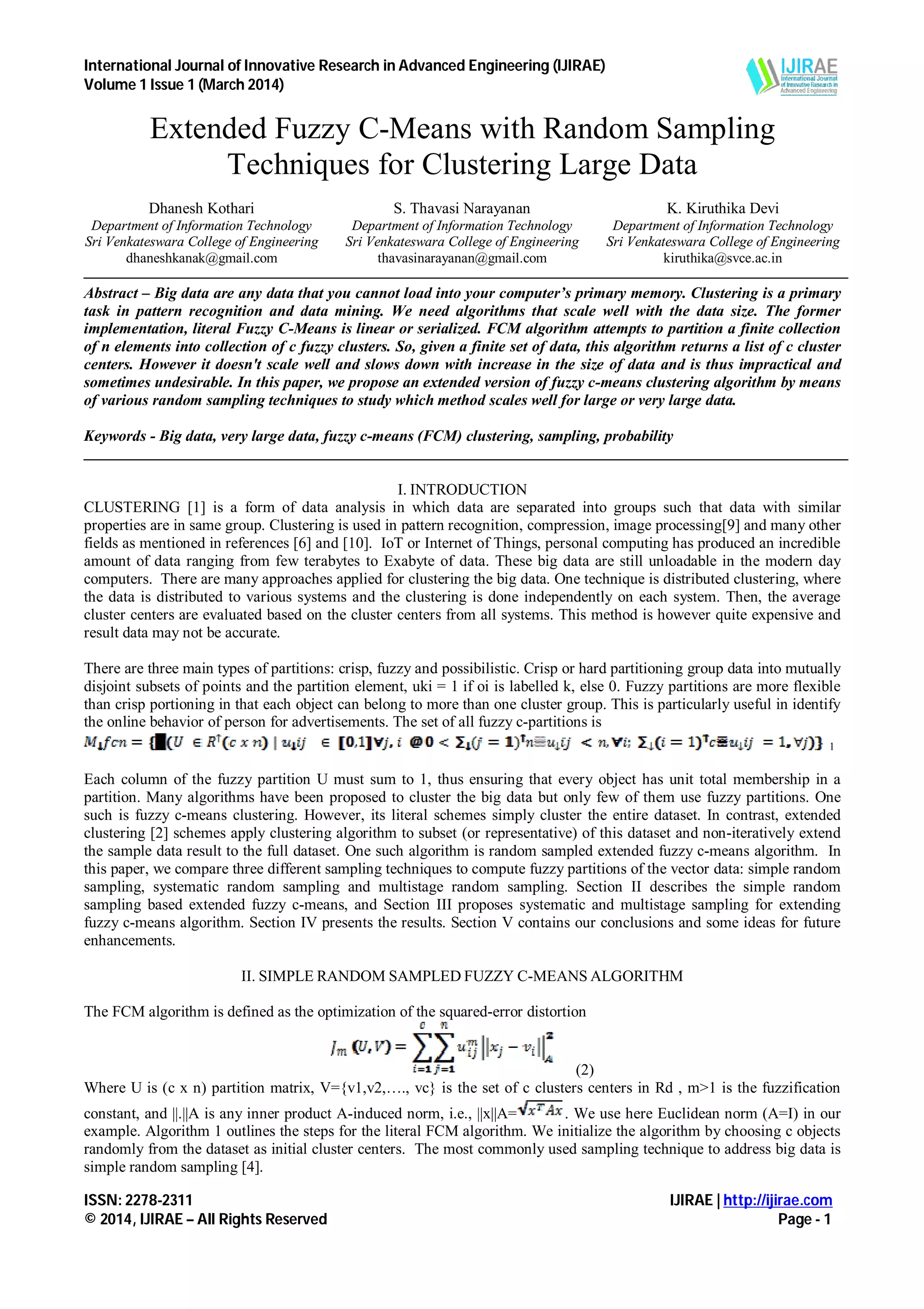 Extended Fuzzy C-Means with Random Sampling Techniques for Clustering Large Data | PDF