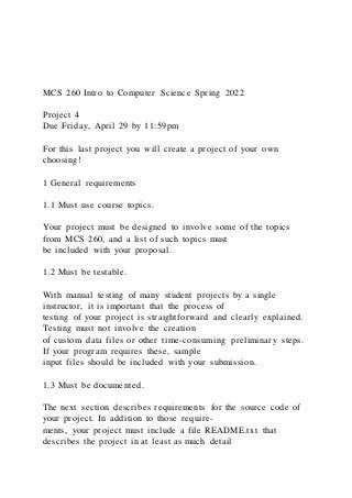 MCS 260 Intro to Computer Science Spring 2022Project 4Du | DOCX