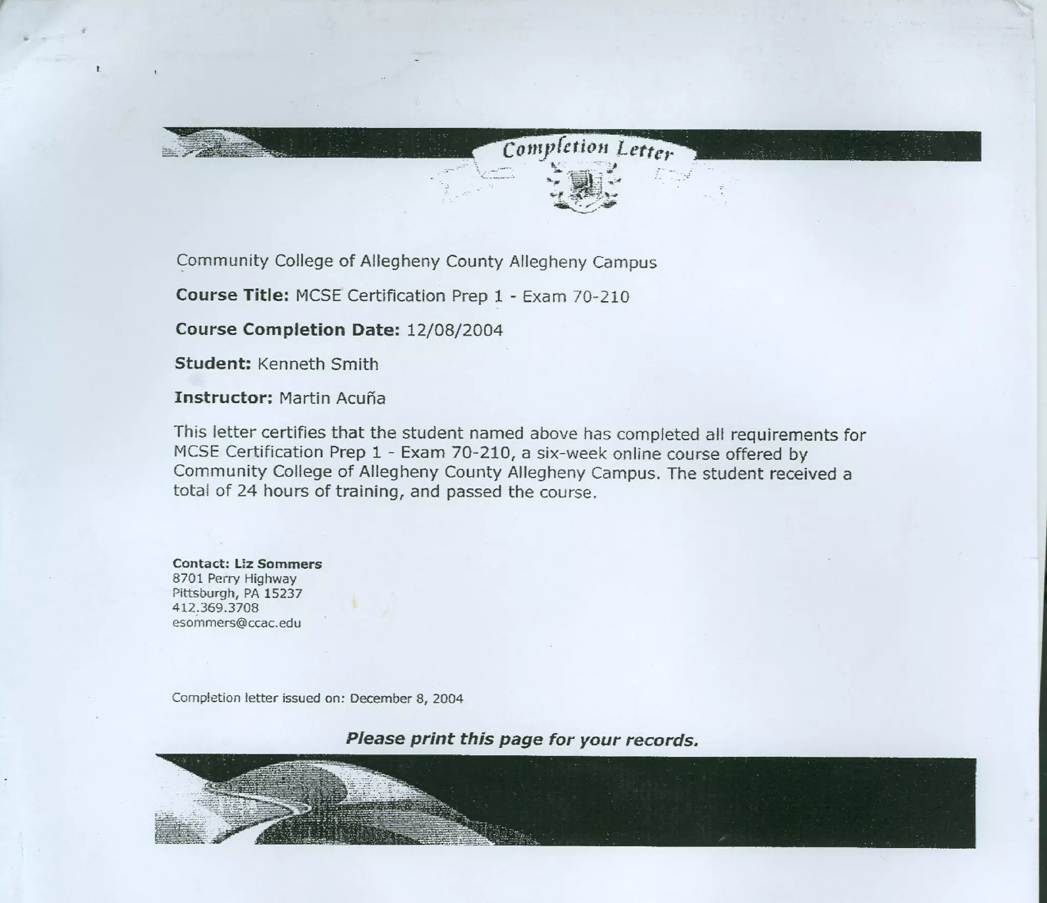 Mcse Completion Letter | PPT