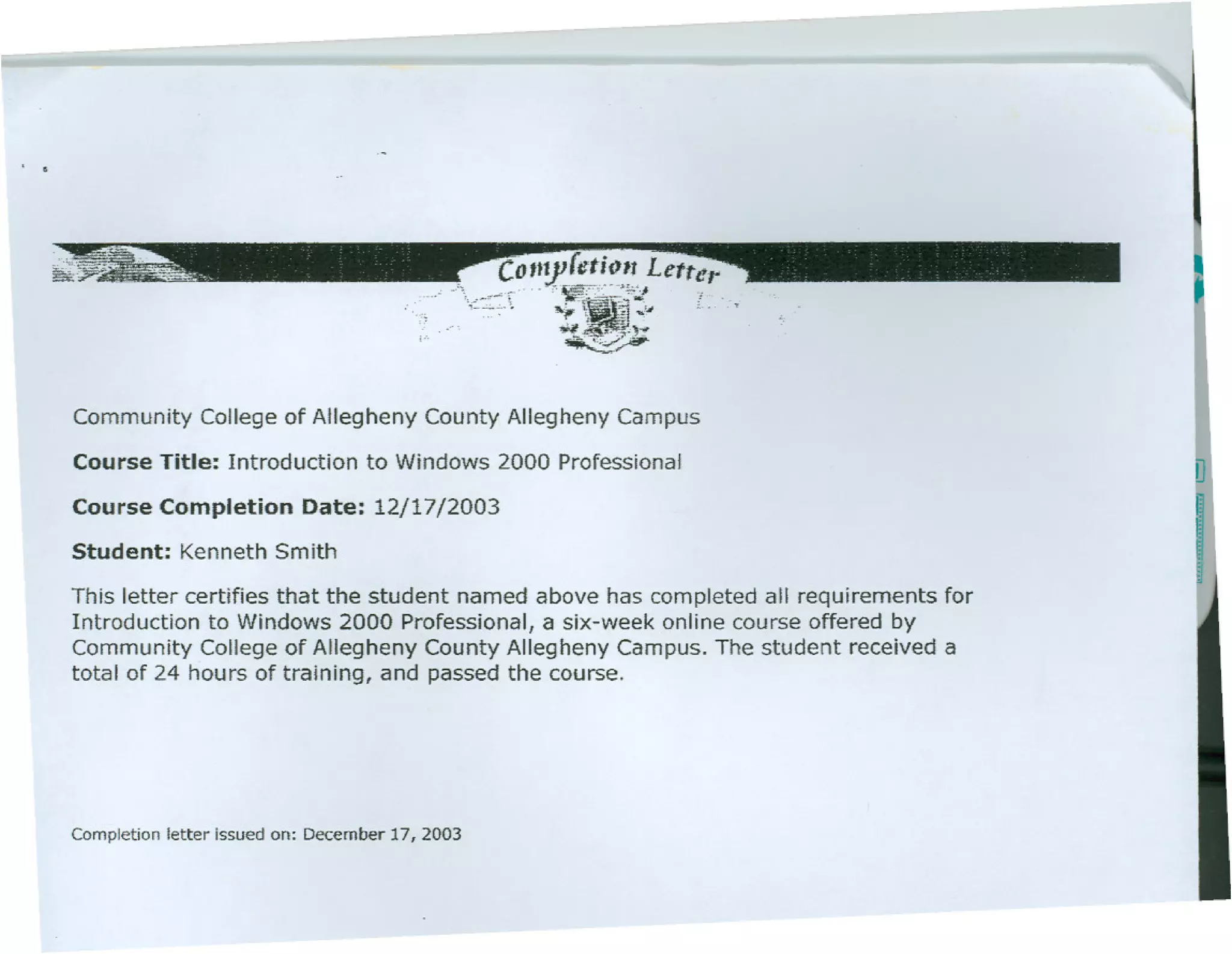 Mcse Completion Letter | PPT