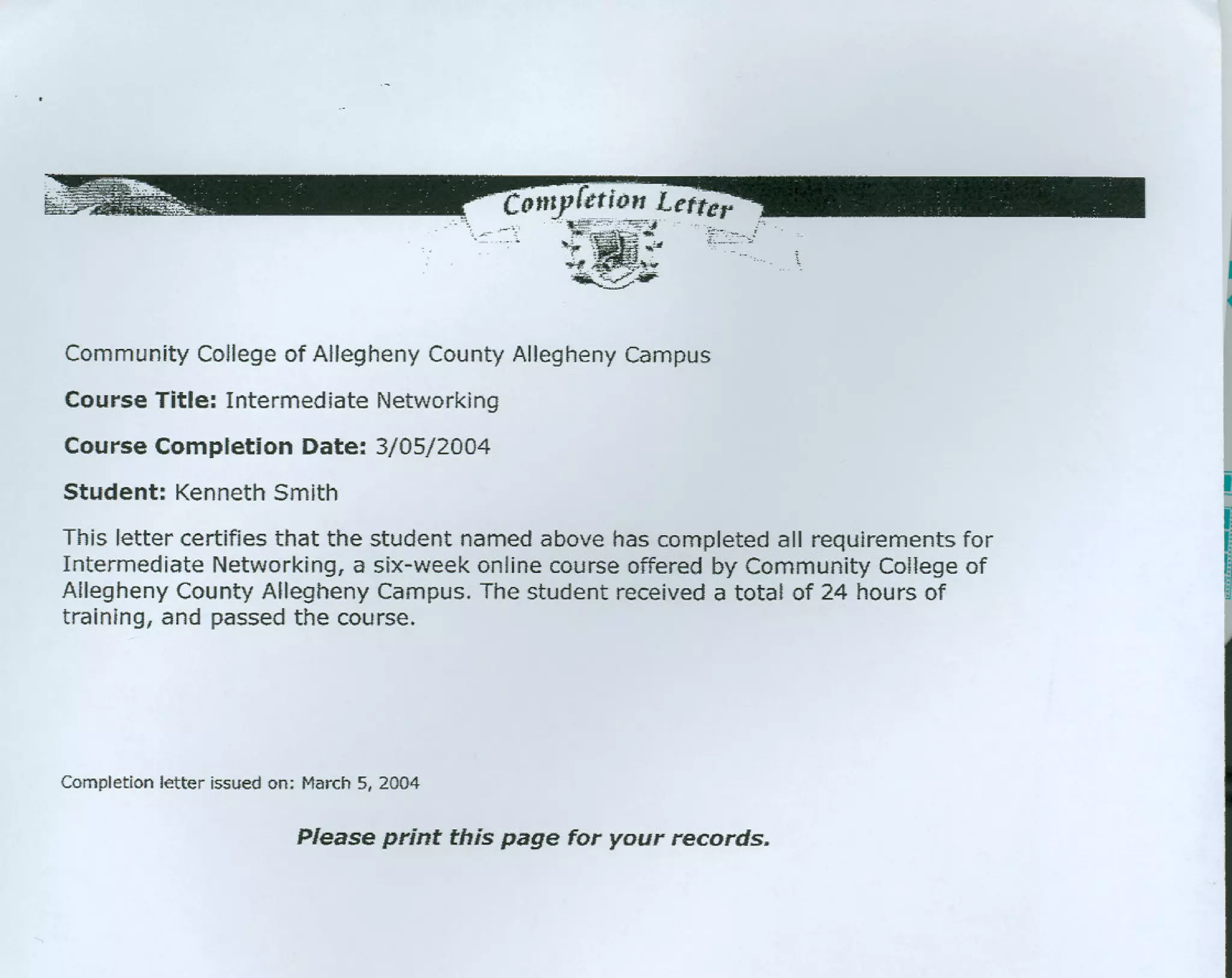 Mcse Completion Letter | PPT