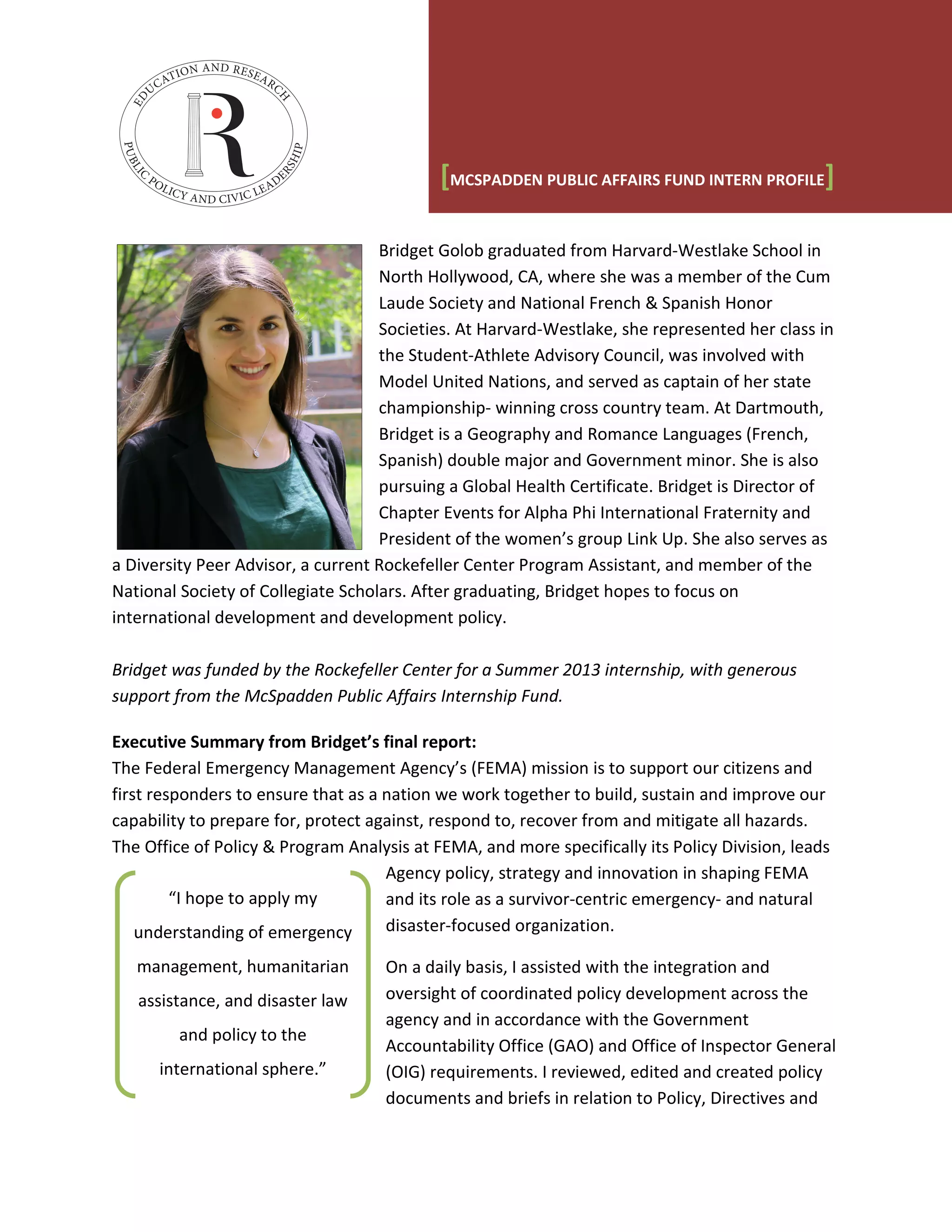 Named Internship Profile Summary - Bridget Golob (McSpadden) | PDF