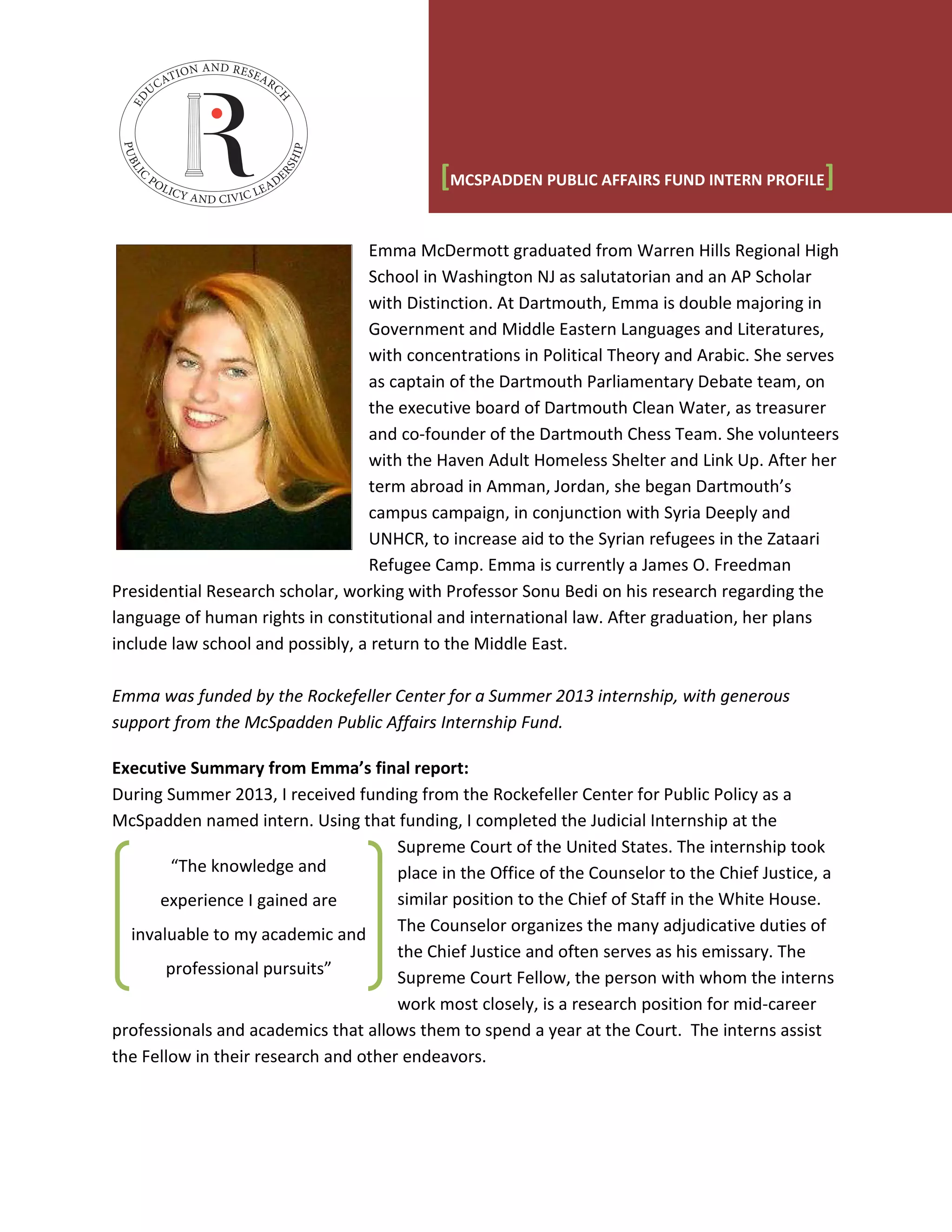 Named Internship Profile Summary - Emma McDermott (McSpadden) | PDF