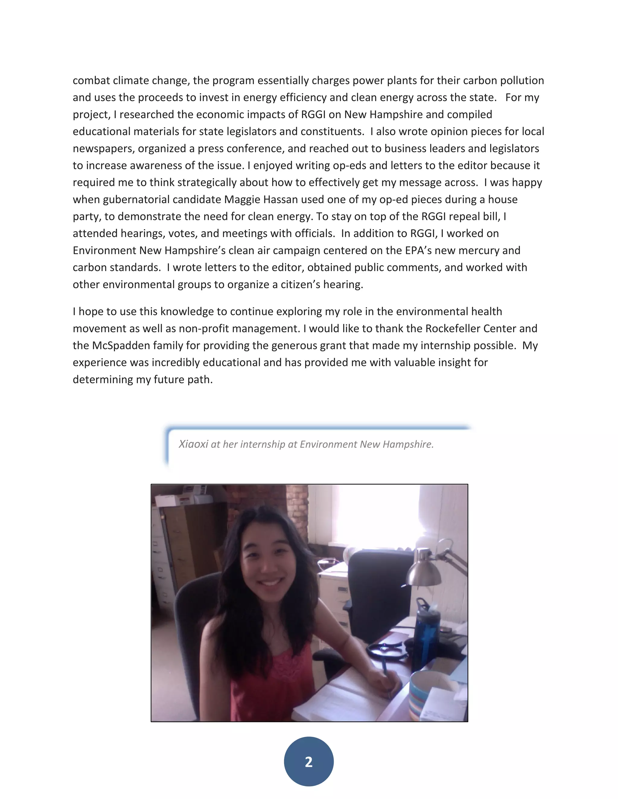 Named Internship Profile Summary - Xiaoxi "Dana" Niu (McSpadden) | PDF