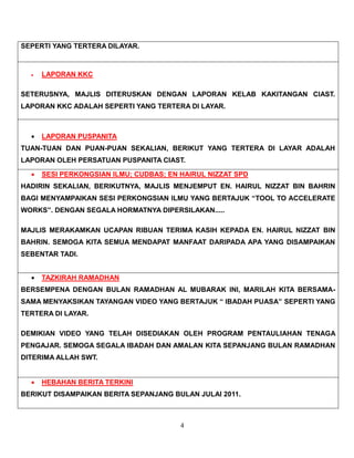 MC Text Monthly Assembly CIAST July 2011- Rodzidah | PDF