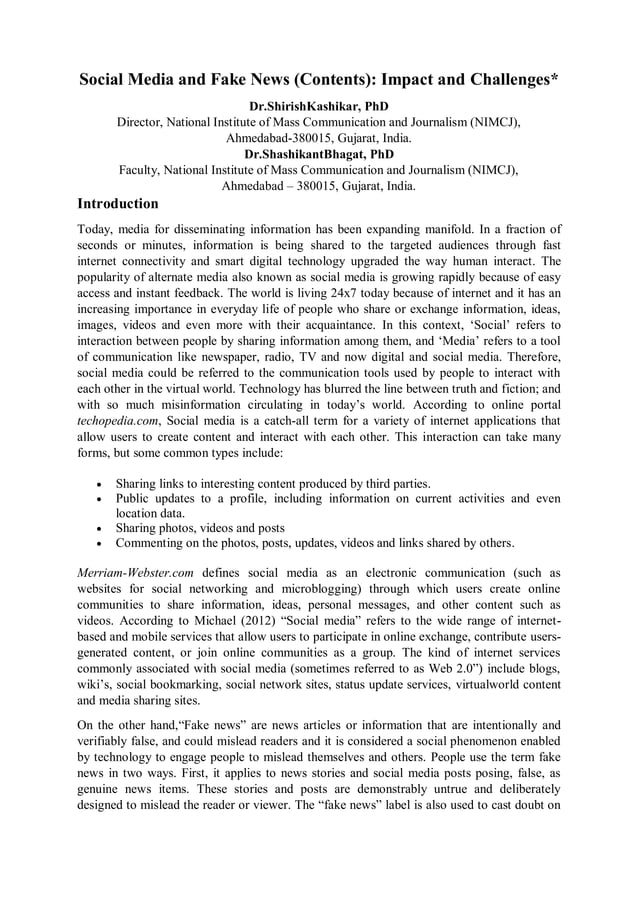 Social Media and Fake News (Contents): Impact and Challenges | PDF