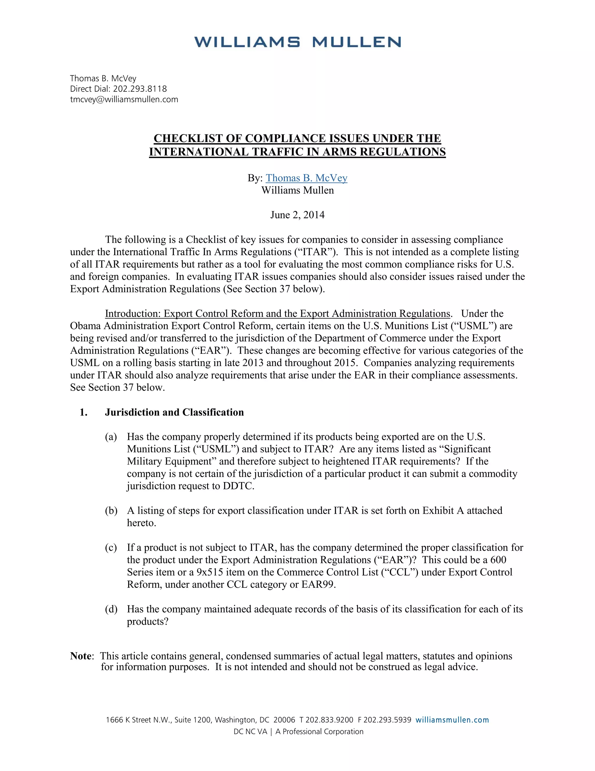 Checklist of Compliance Issues Under the International Traffic in Arms ...