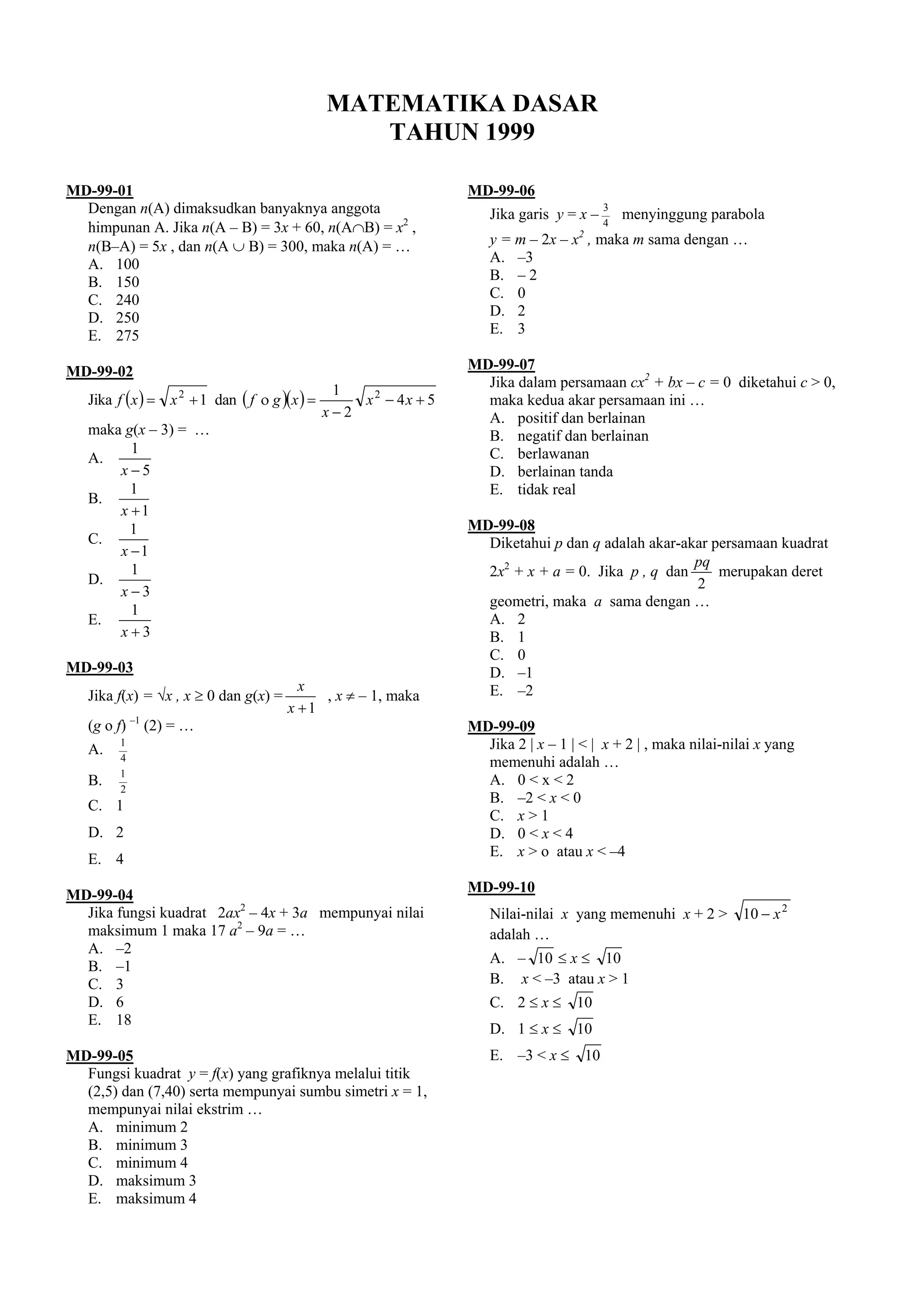 Soal Matematika Dasar 1999 | PDF