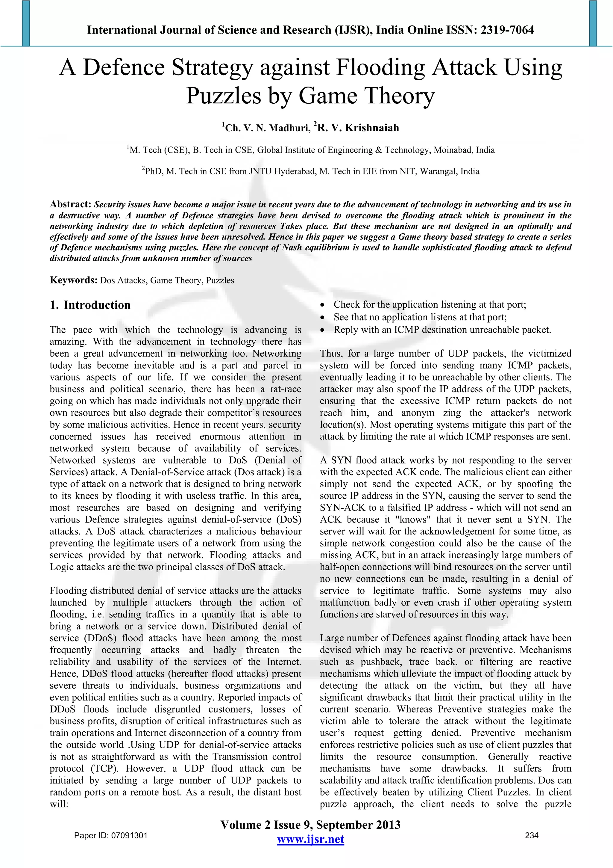 A Defence Strategy against Flooding Attack Using Puzzles by Game Theory | PDF