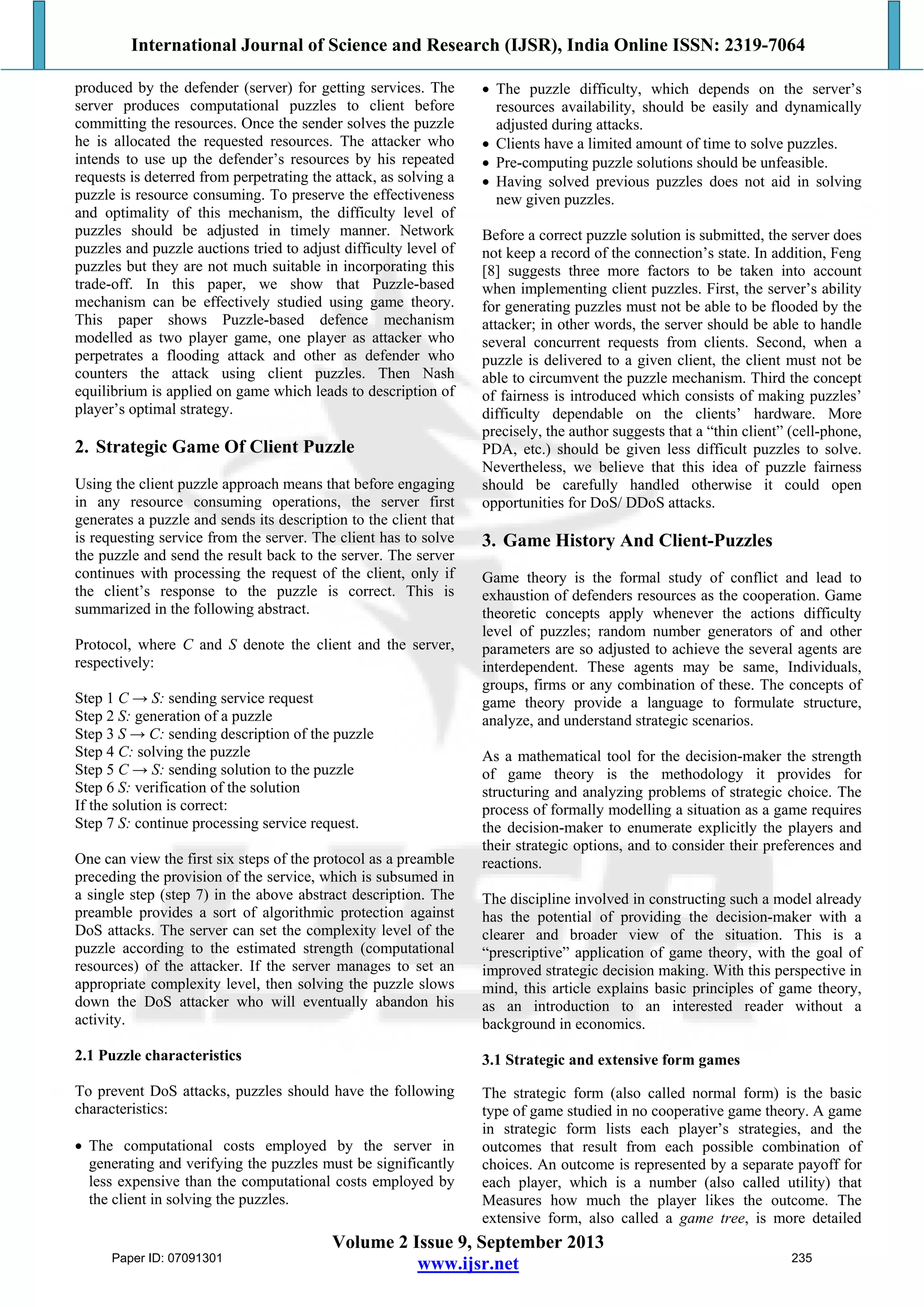 A Defence Strategy against Flooding Attack Using Puzzles by Game Theory | PDF