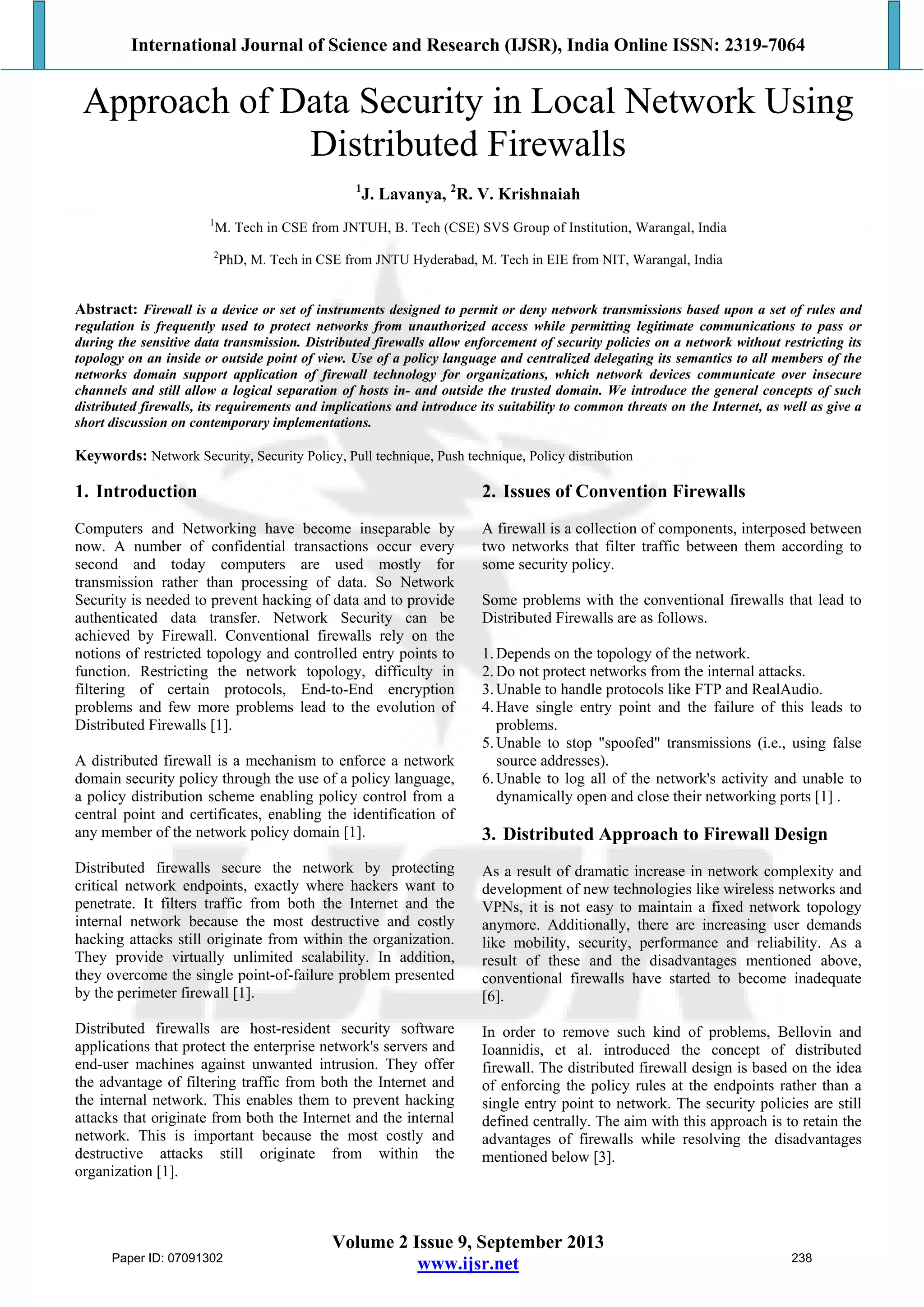 Approach Of Data Security In Local Network Using Distributed Firewalls