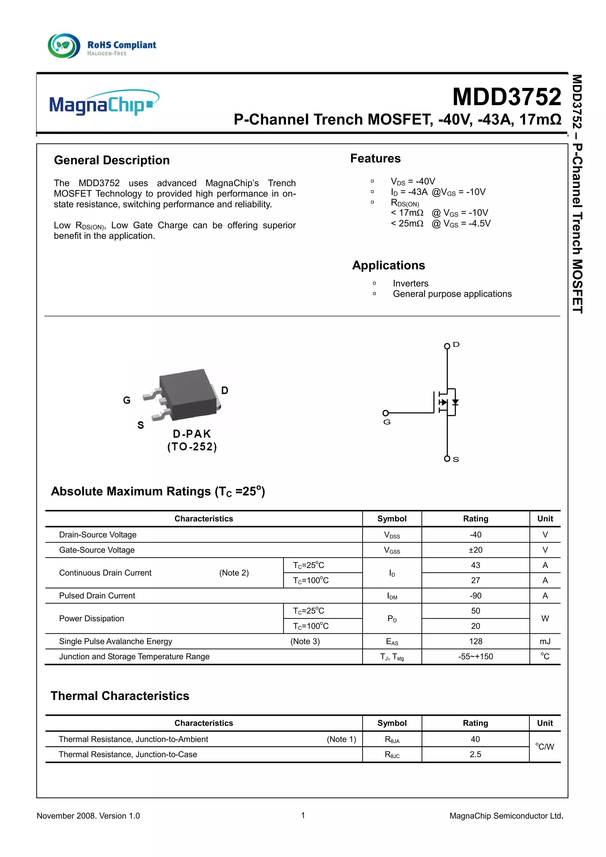 Original P-Channel Mosfet MDD3752RH 3752 43A 40V TO-252 New MagnaChip ...
