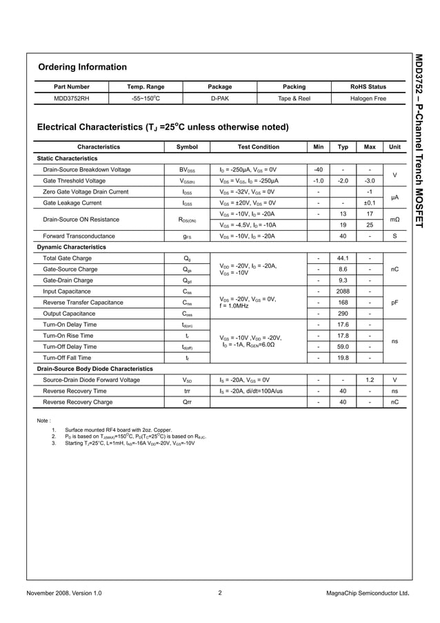 Original P-Channel Mosfet MDD3752RH 3752 43A 40V TO-252 New MagnaChip ...