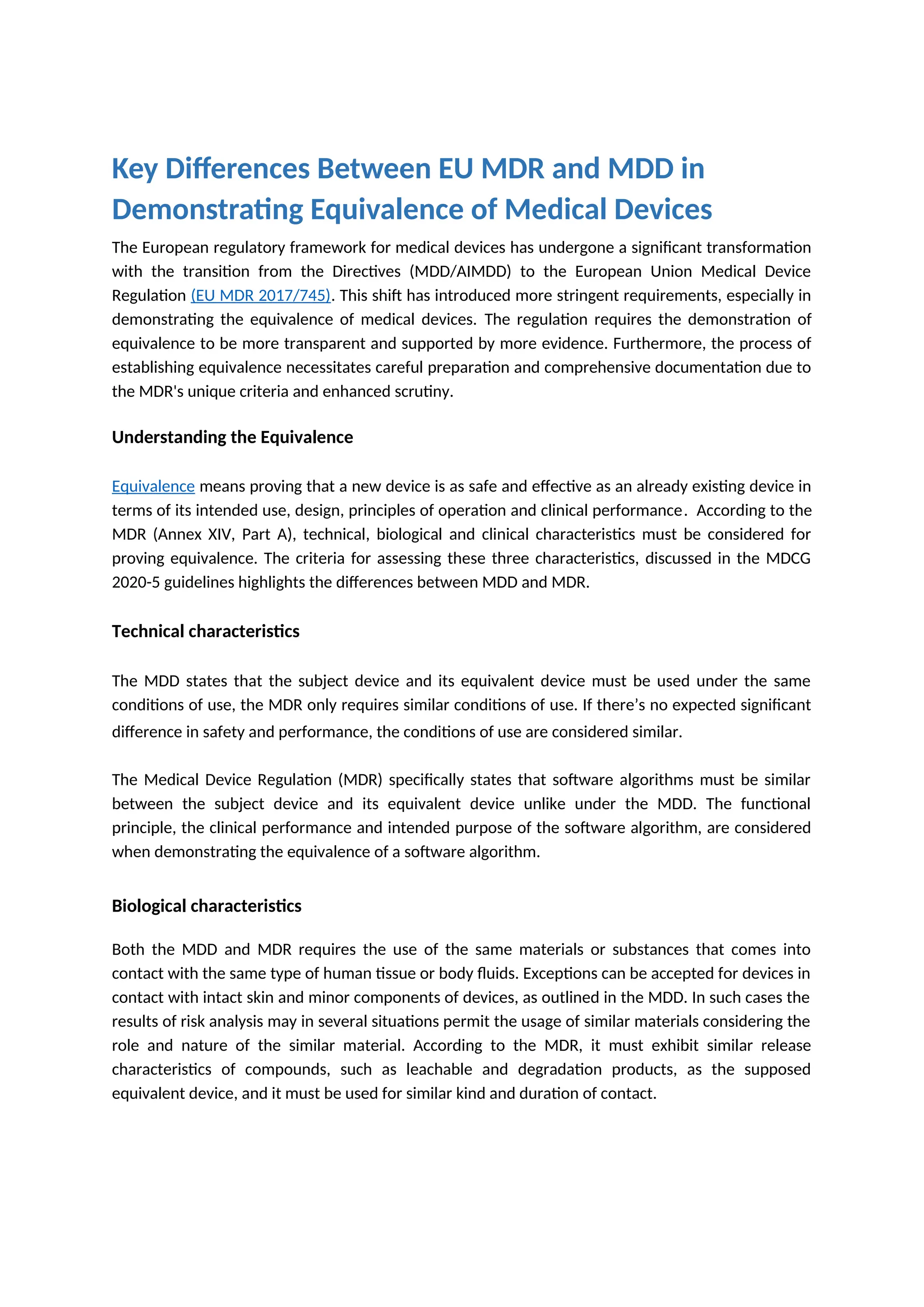 Key Differences Between EU MDR and MDD in Demonstrating Equivalence of ...