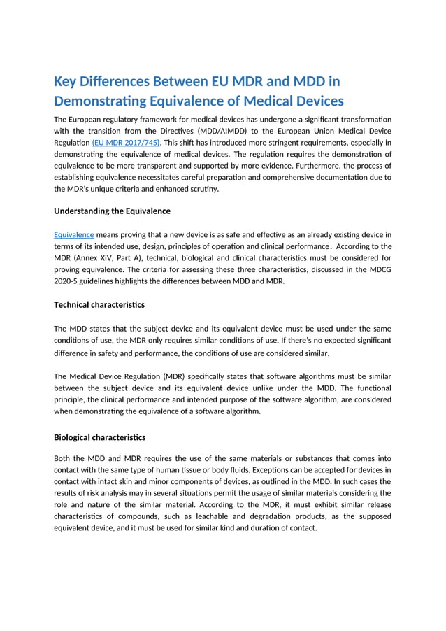 Key Differences Between EU MDR and MDD in Demonstrating Equivalence of ...
