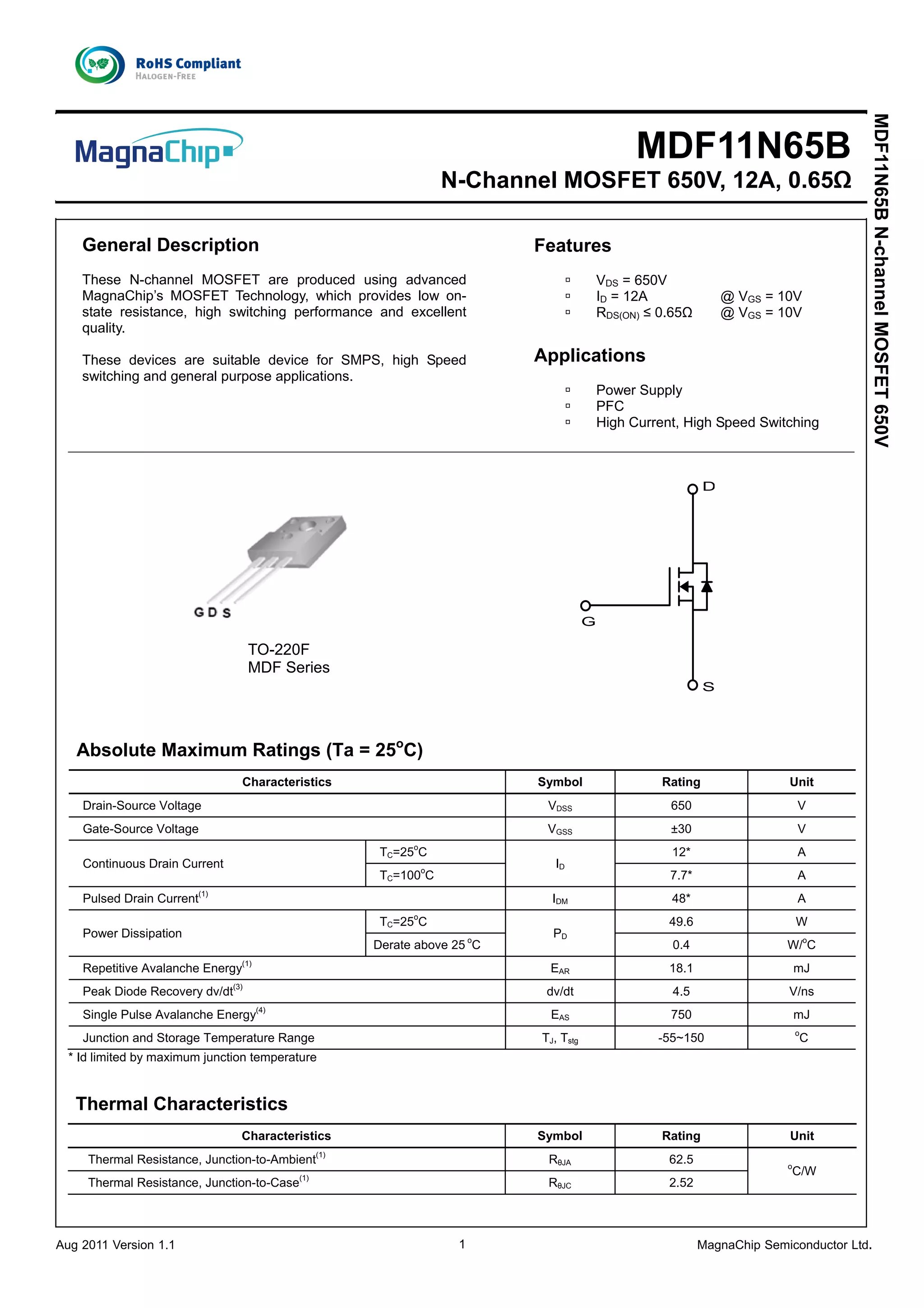 Original N-CHANNEL MOSFET MDF11N65B 11N65 11A 650V TO-220F Magnachip | PDF