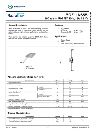 Original N-CHANNEL MOSFET MDF11N65B 11N65 11A 650V TO-220F Magnachip | PDF