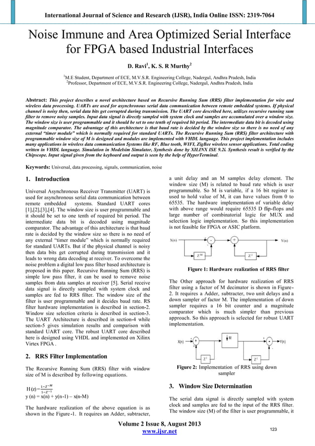 Noise Immune and Area Optimized Serial Interface for FPGA based Industrial Interfaces | PDF