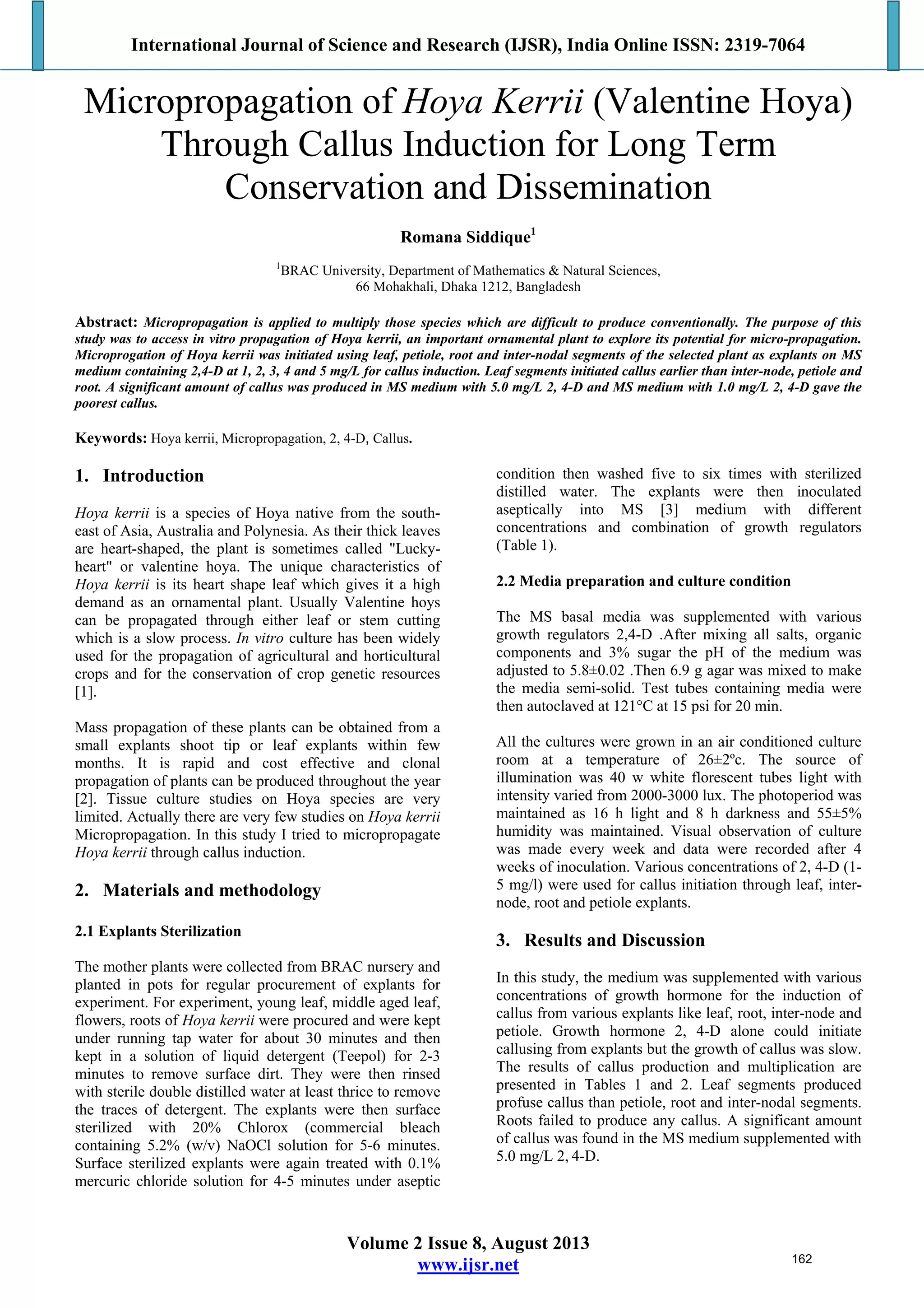 Micropropagation of Hoya Kerrii (Valentine Hoya) Through Callus Induction for Long Term ...
