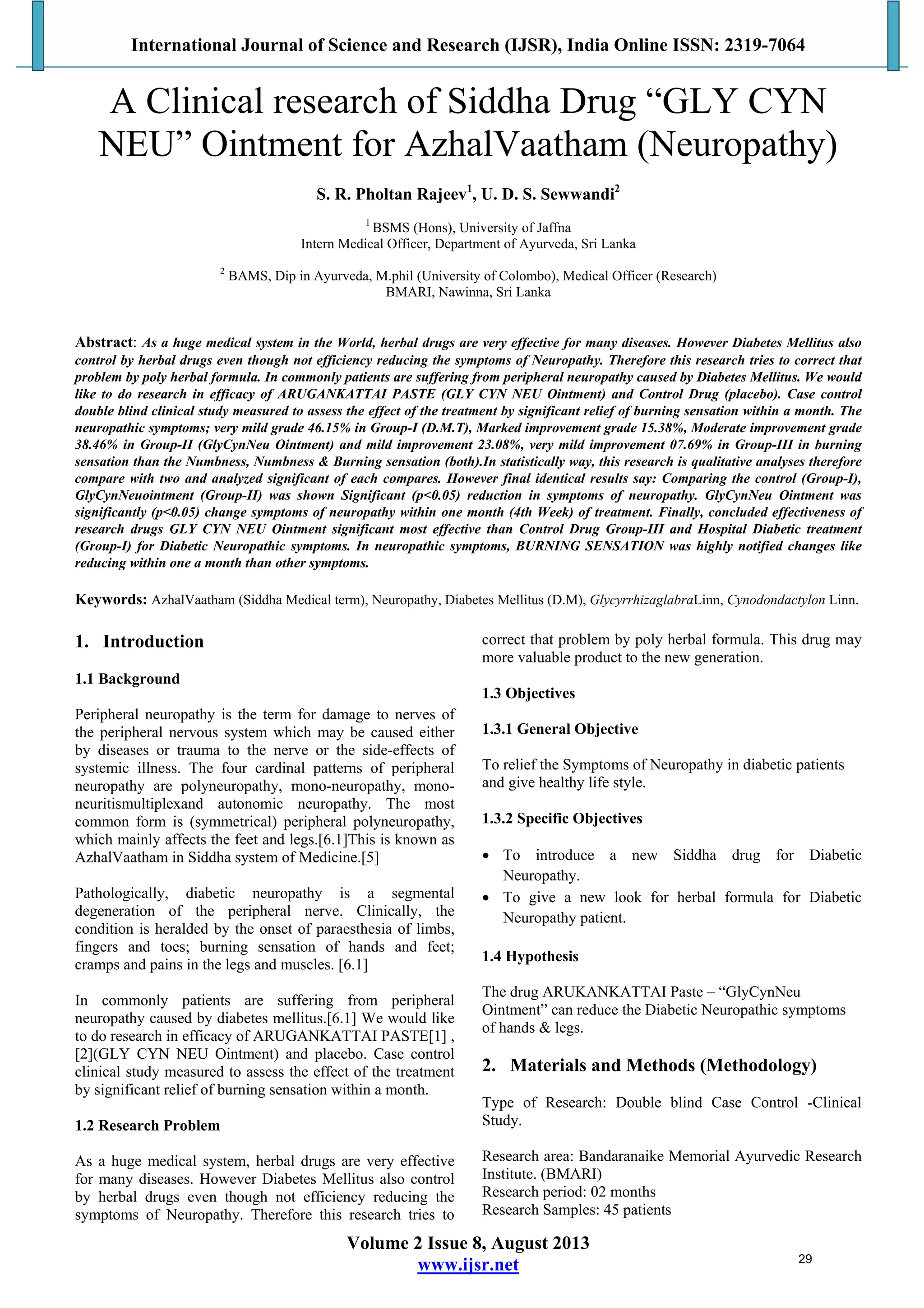 A Clinical research of Siddha Drug “GLY CYN NEU” Ointment for ...
